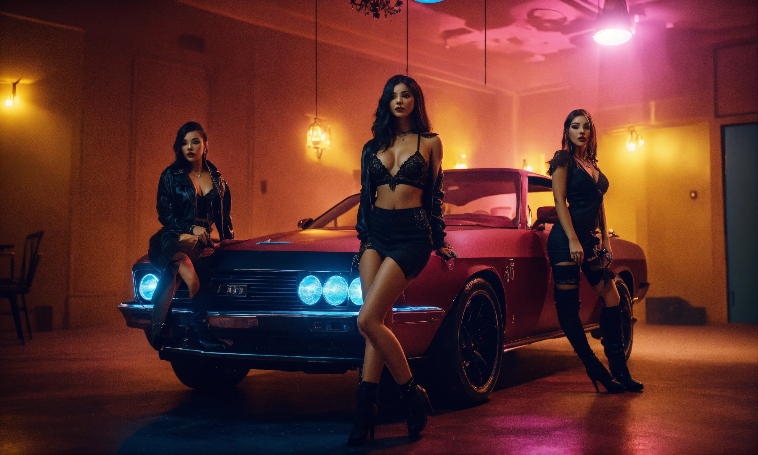 Lexica - Creative photoshoot of gangster girls group, night interior, mood lighting, wide front ...