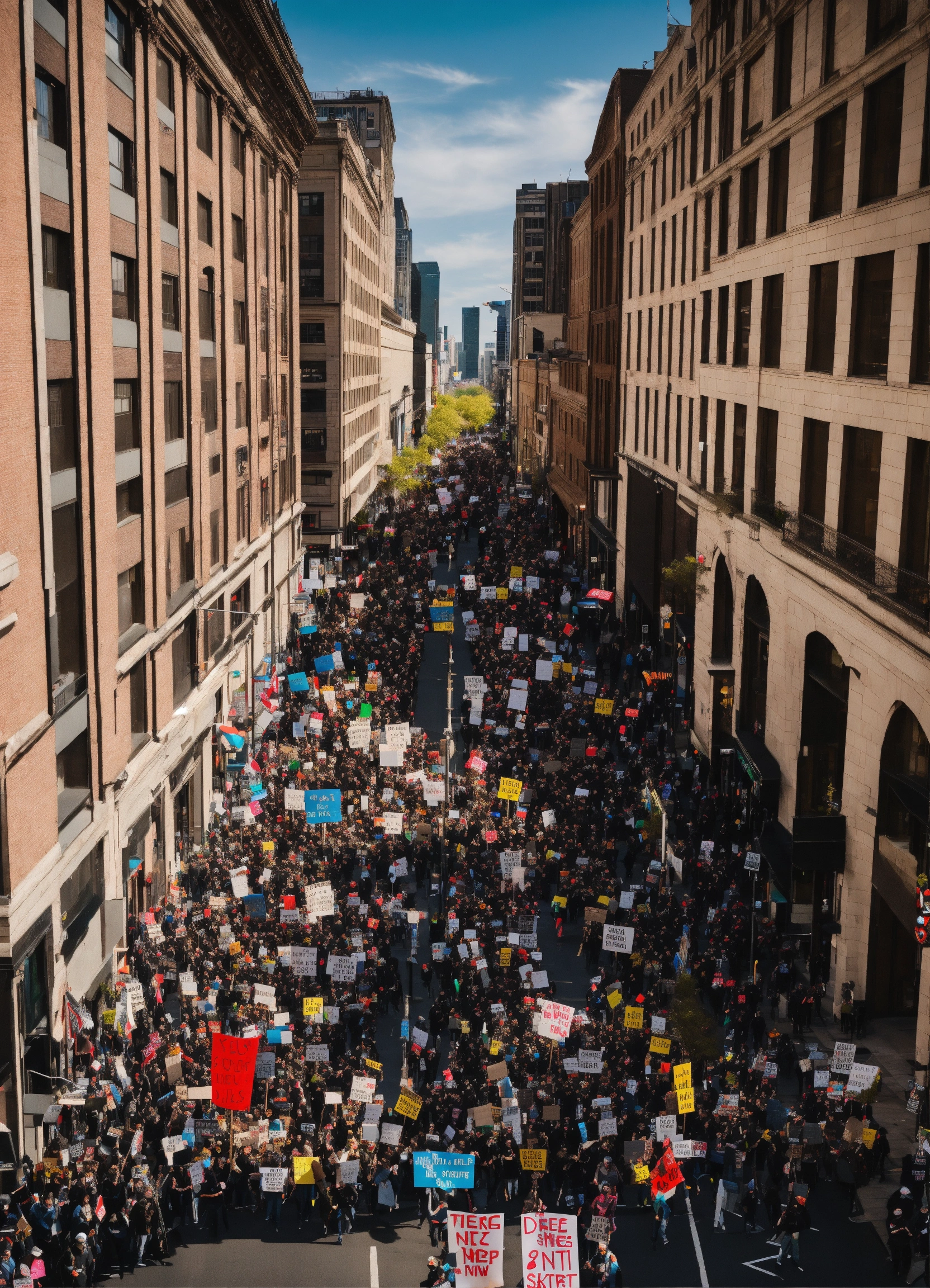 Lexica - People protesting down street, with protest signs, sky view.