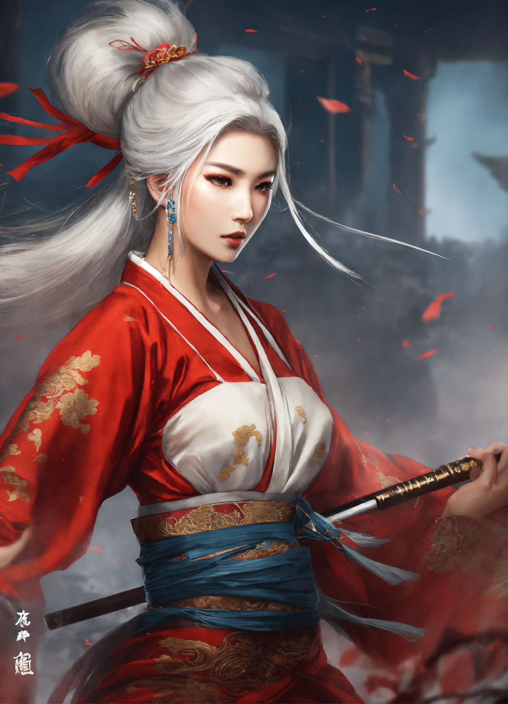 Lexica - Wuxia. Attractive courtesan with white hair, using a warfan to ...