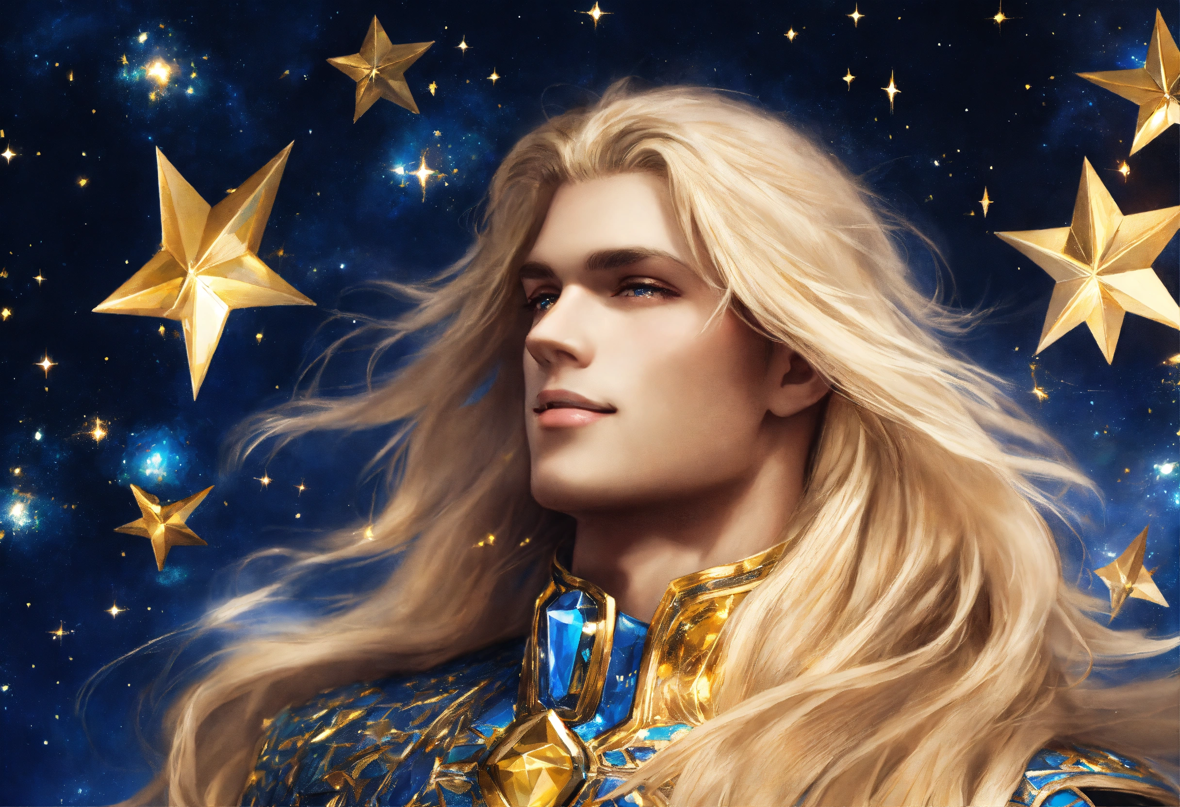 Lexica - Beautiful faces cosmic men long blond hair, smiling, blue and ...