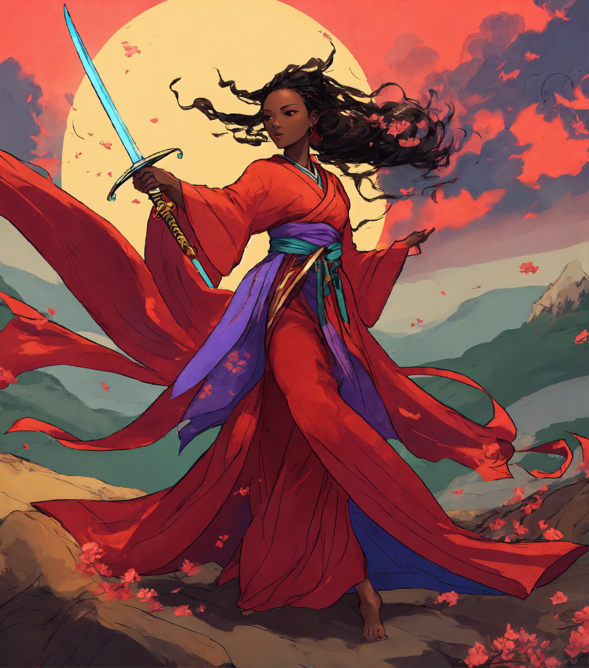 Lexica - An African woman cultivator in jewel tone flowing robes flying ...