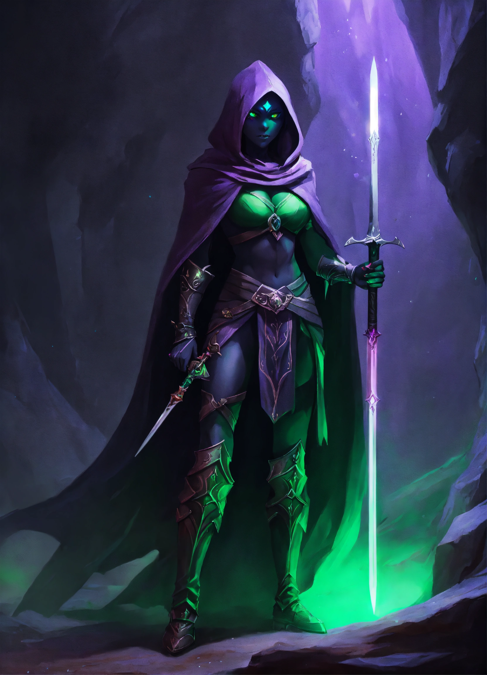 Lexica - Shadow dark female drow, green glowing eyes, with dark purple ...