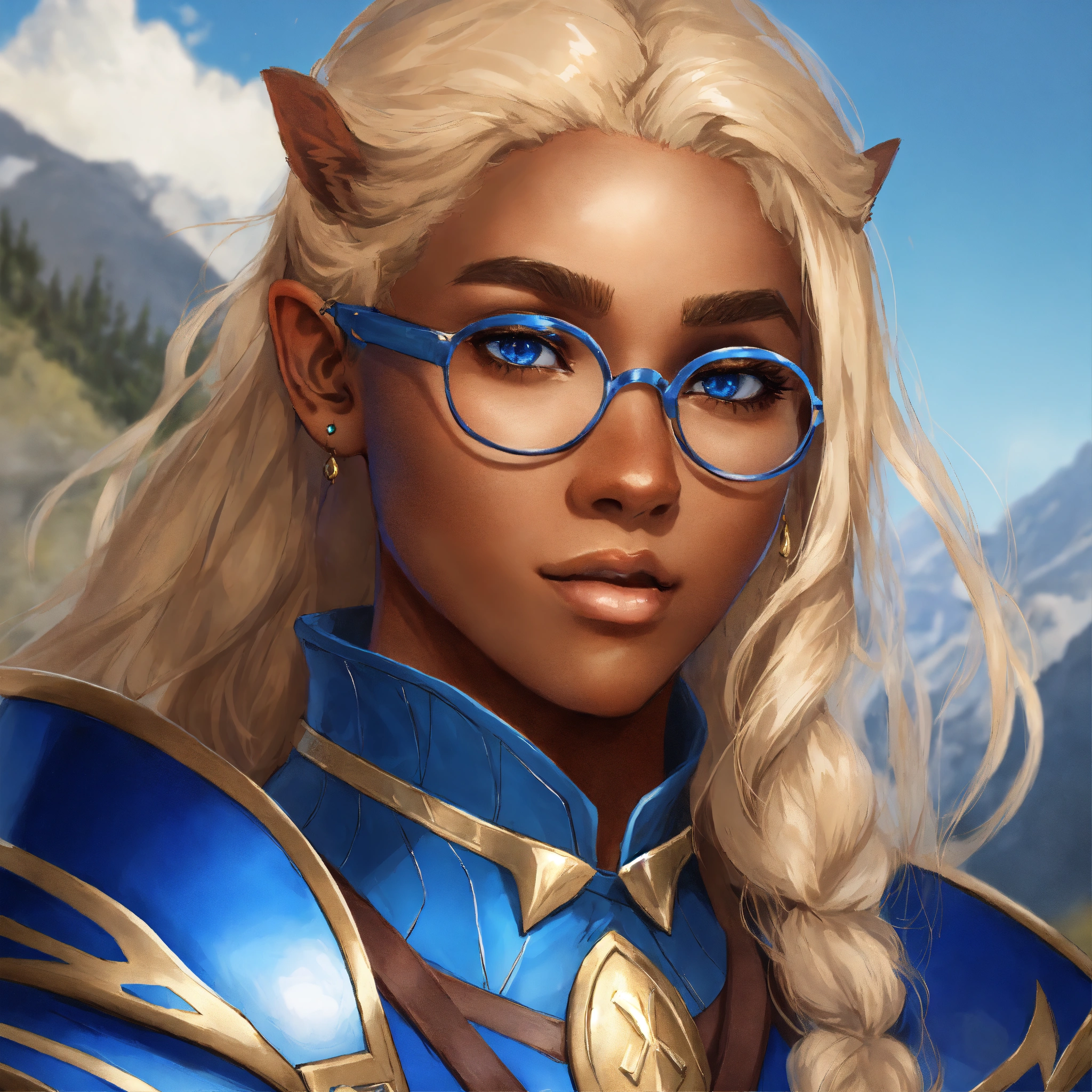 Lexica - A very brown skinned half elf woman, wearing glasses with deep ...