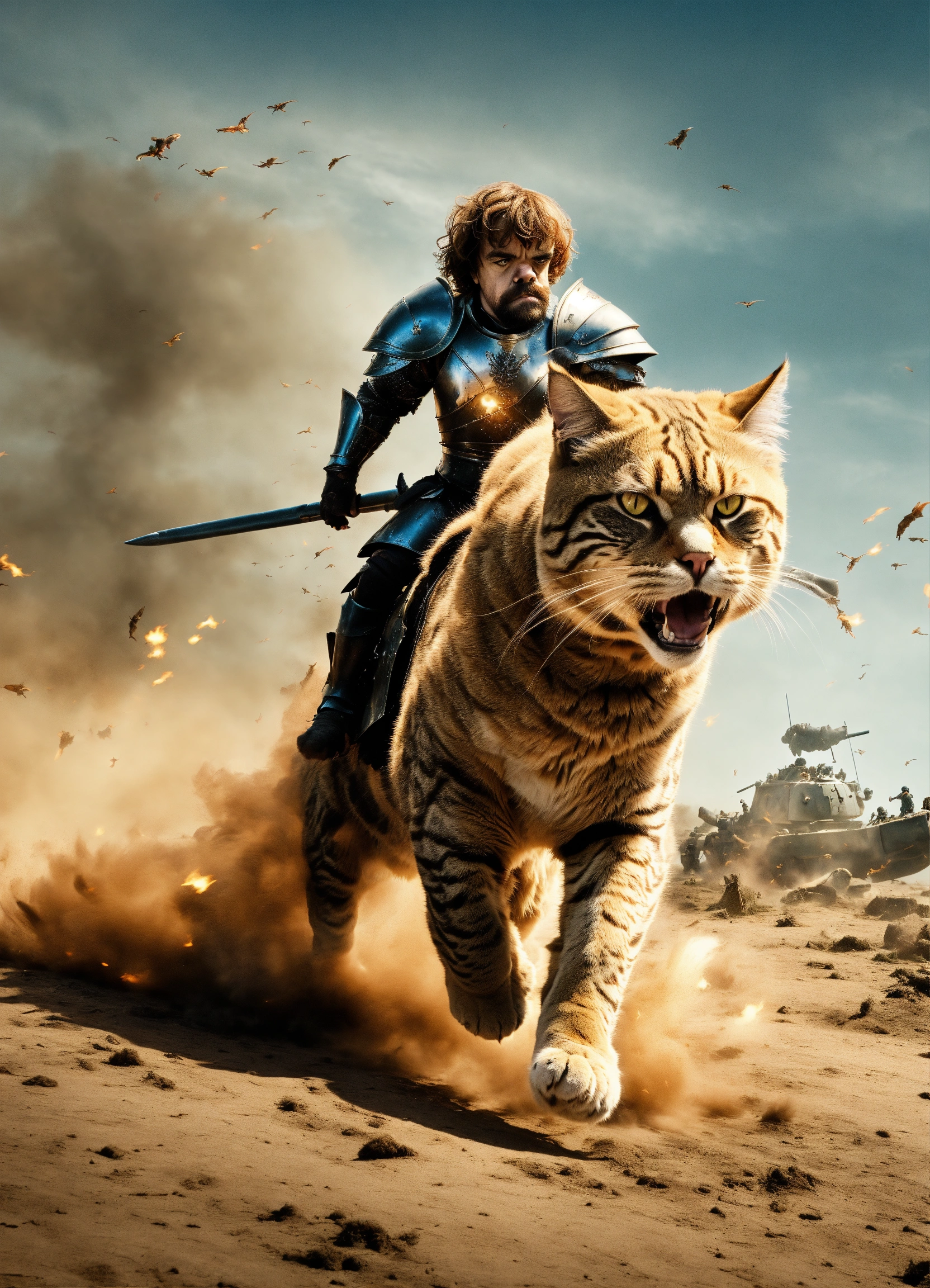 Lexica - A battle cat wearing armor, running across a battlefield ...