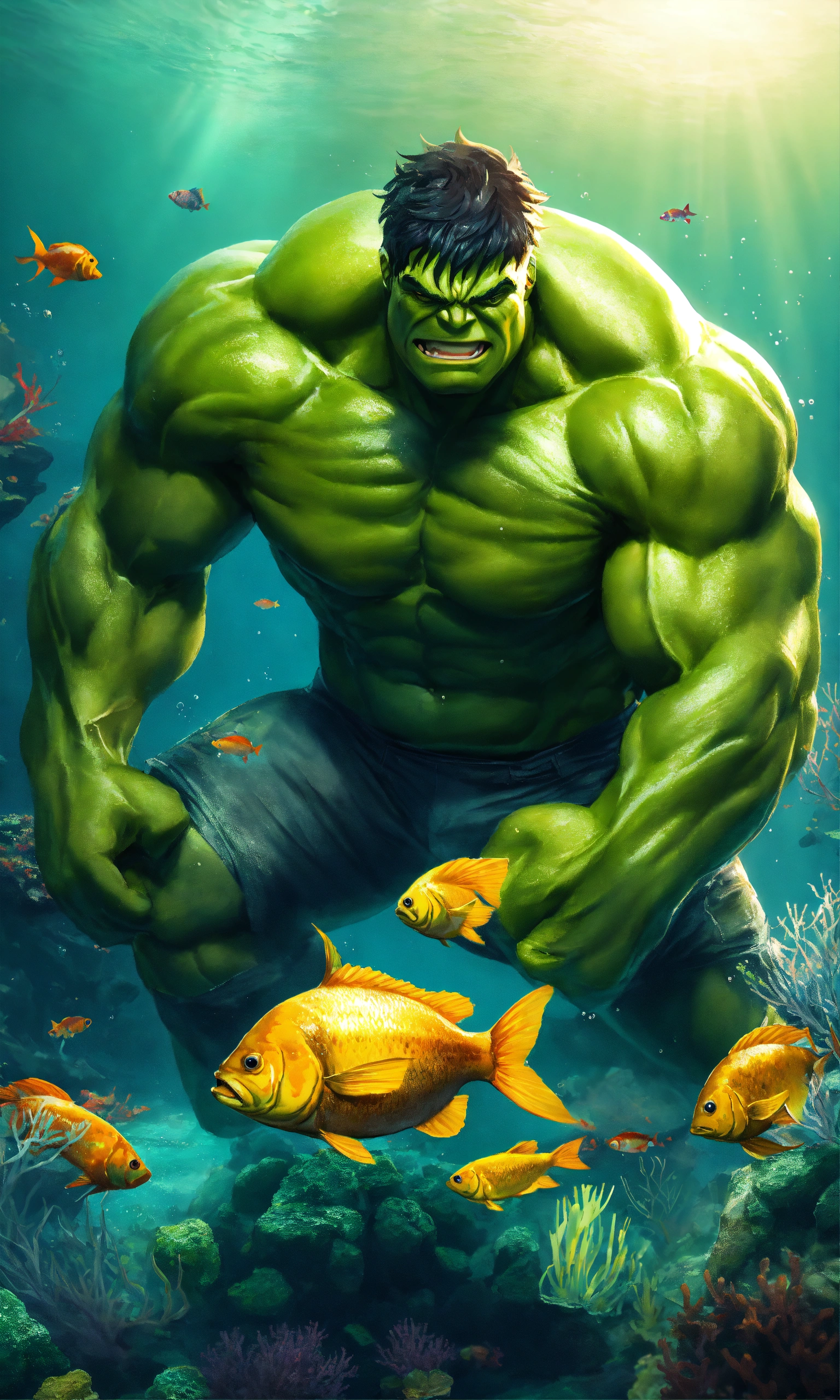 Lexica - Hulk with fish underwater in the ocean, nature background, 2D ...