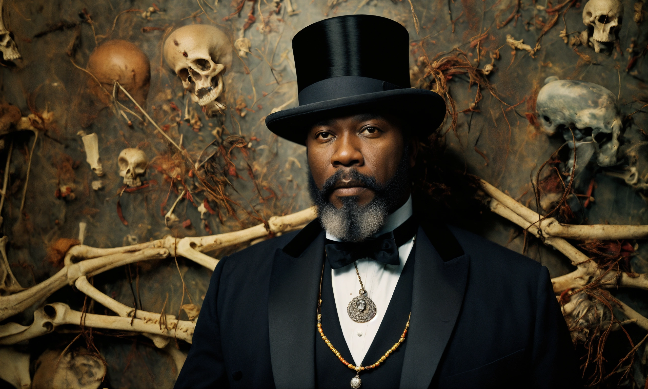 Lexica - Portrait of middle-aged, black man with a beard, voodoo priest ...