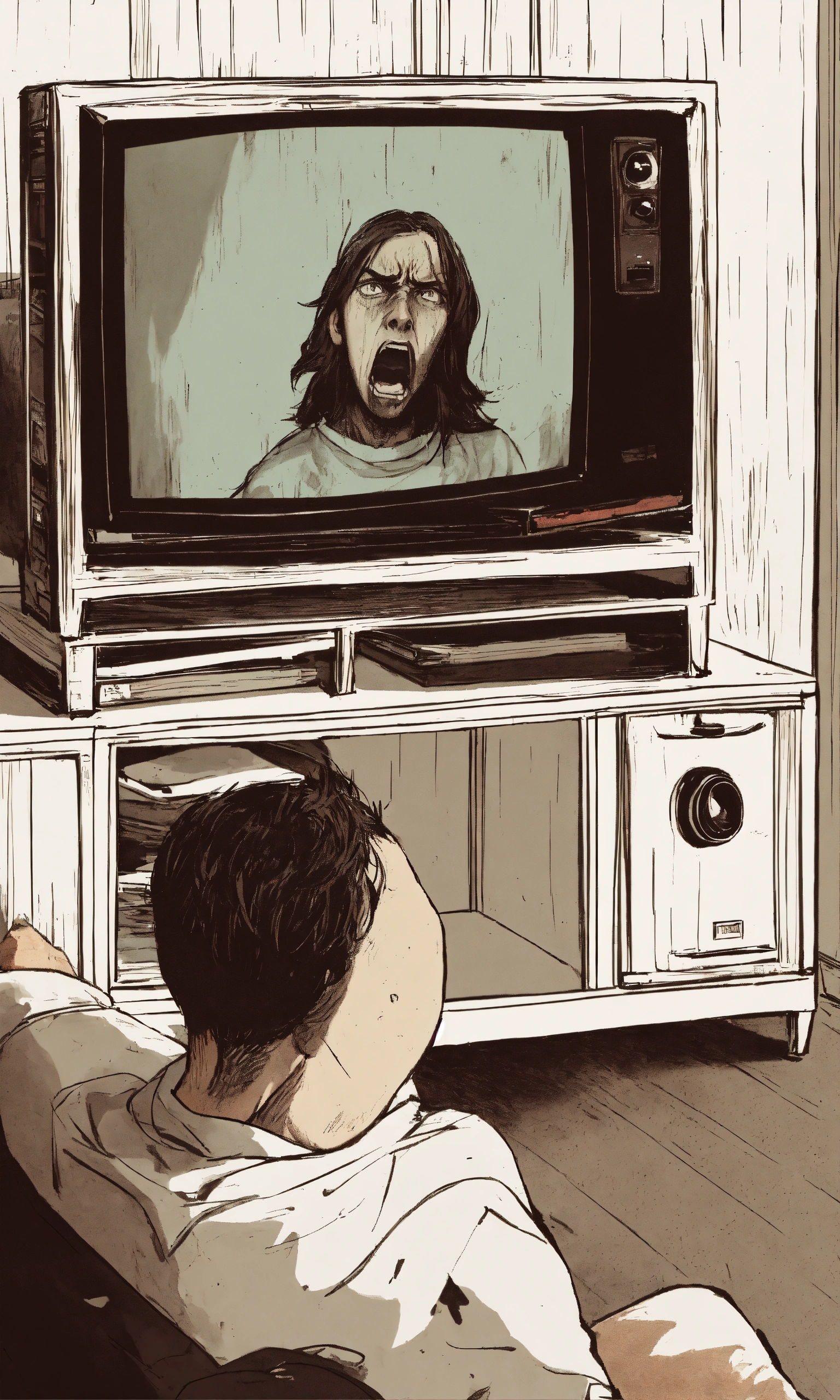Lexica - A scared and angry person watching a TV with distressing ...