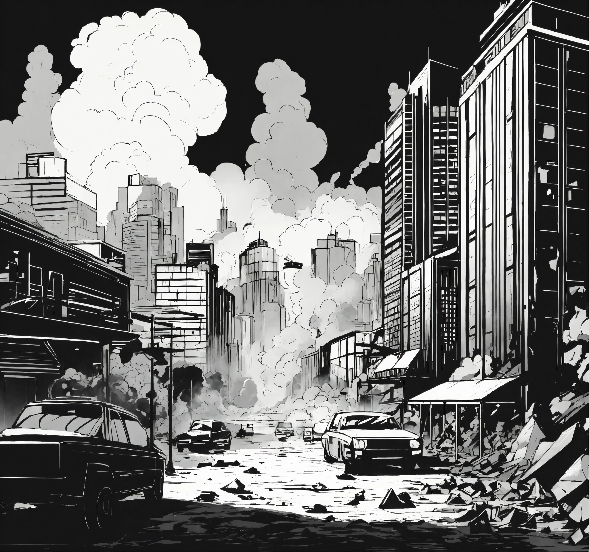 Lexica - Silhouette destroy city with smoke black and white cartoon style
