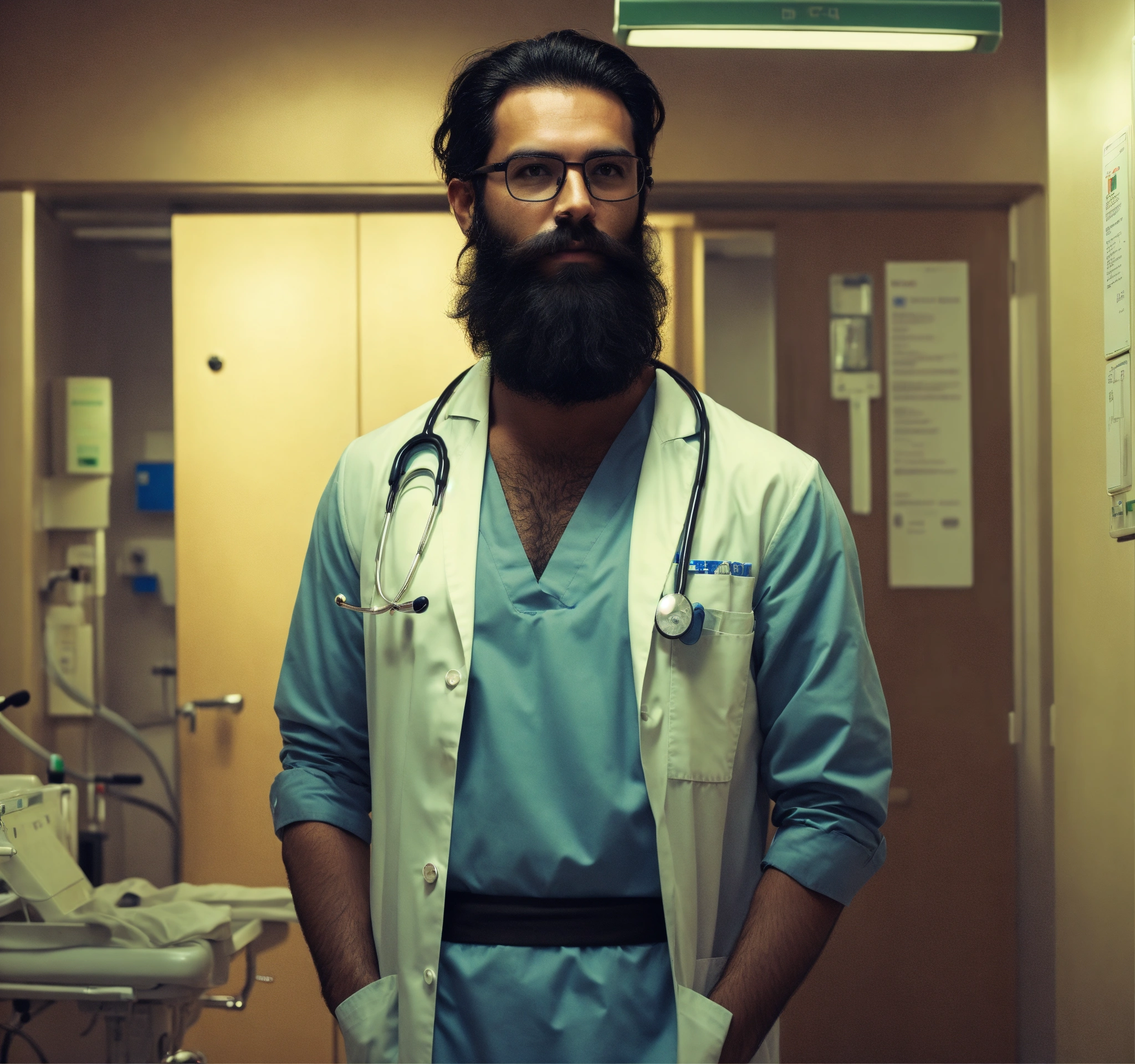 Lexica - Hospital nurse man skinny and tall with black long hair and ...