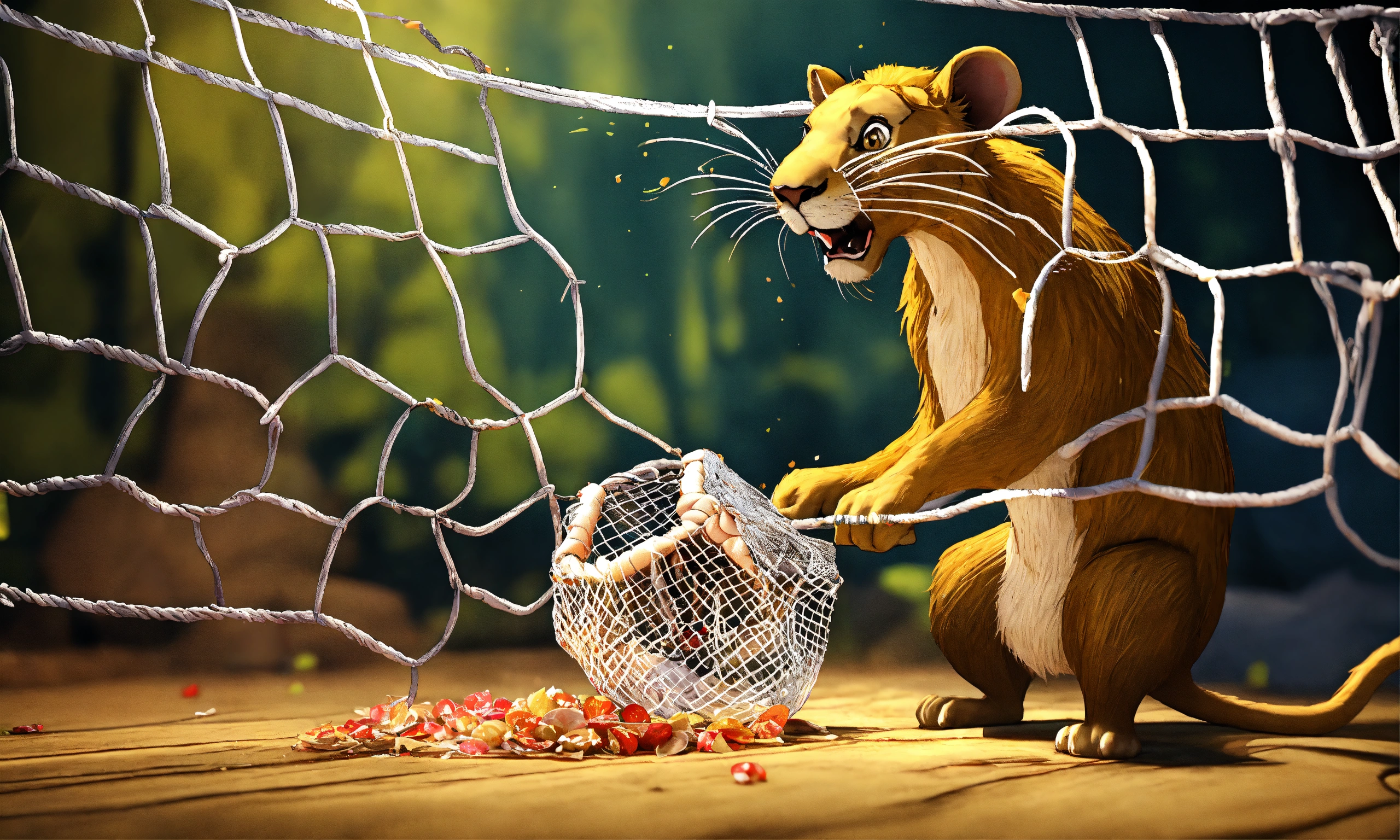 Lexica - Cartoon 3d rat cutting net of trapped lion