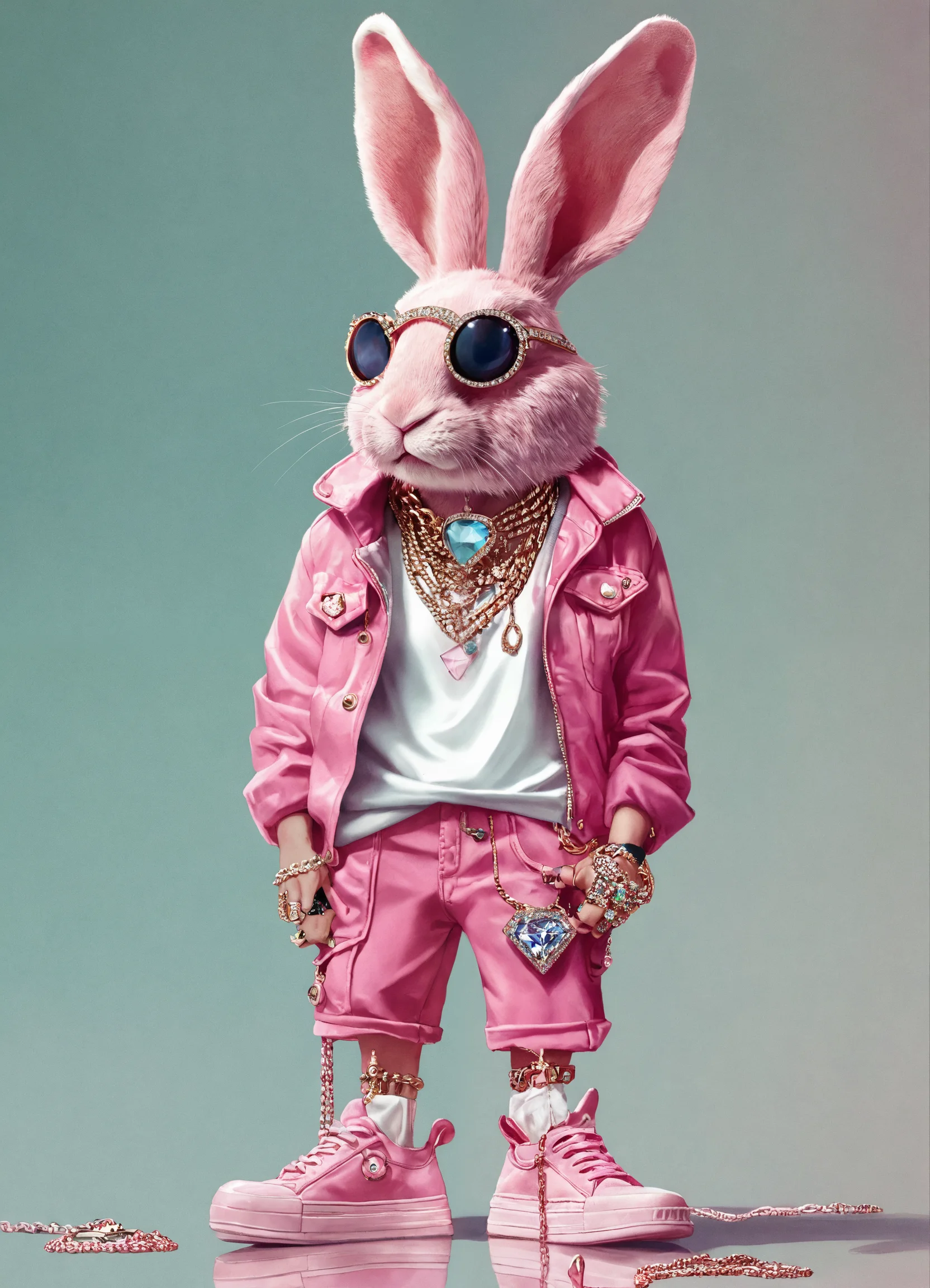 Lexica - A pink rabbit with short pants on, sneakers on its feet ...