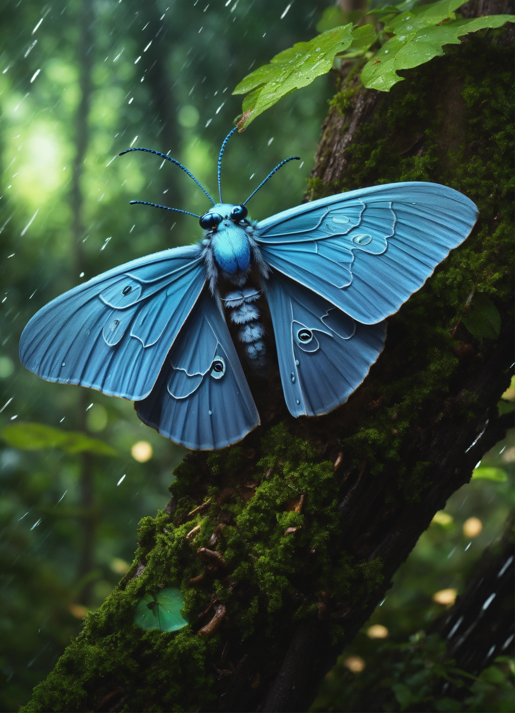 Lexica - A realiste blue moth alien , big eyes blacks , mushrooms in ...