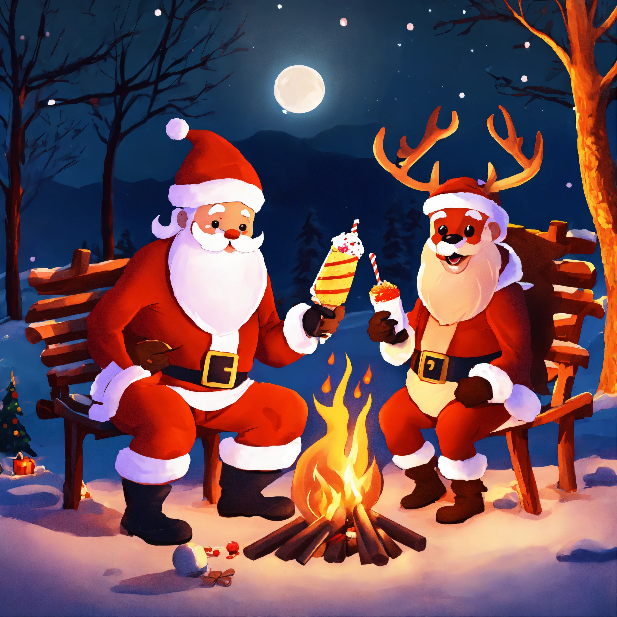 Lexica - Santa claus and rudolph eating a icecream around a bonfire ...
