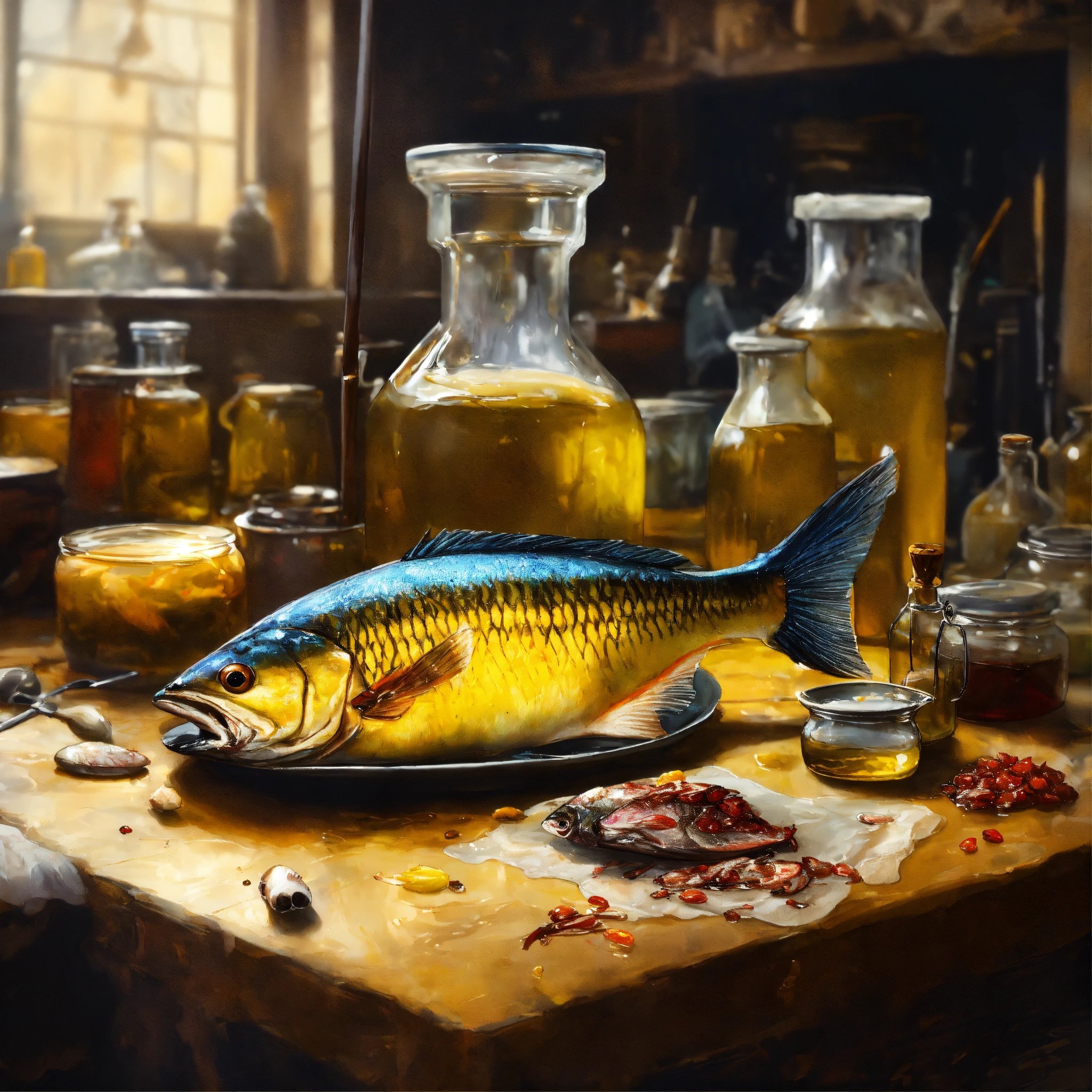 Lexica - Concept art of a vintage glass of dirty yellow oil, fish head ...
