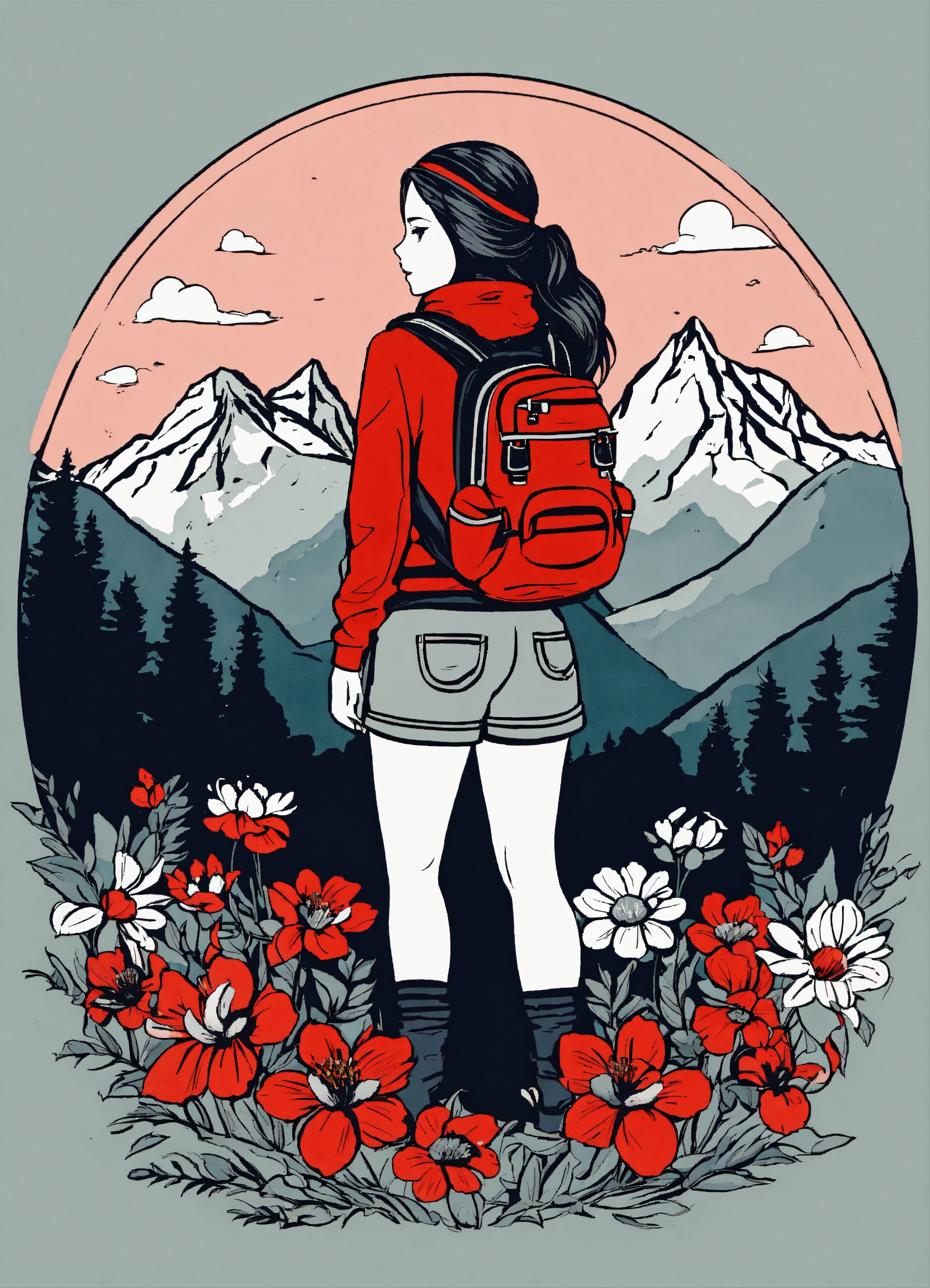 Lexica - Cute female hiker, with flowers and mountains, t-shirt design ...