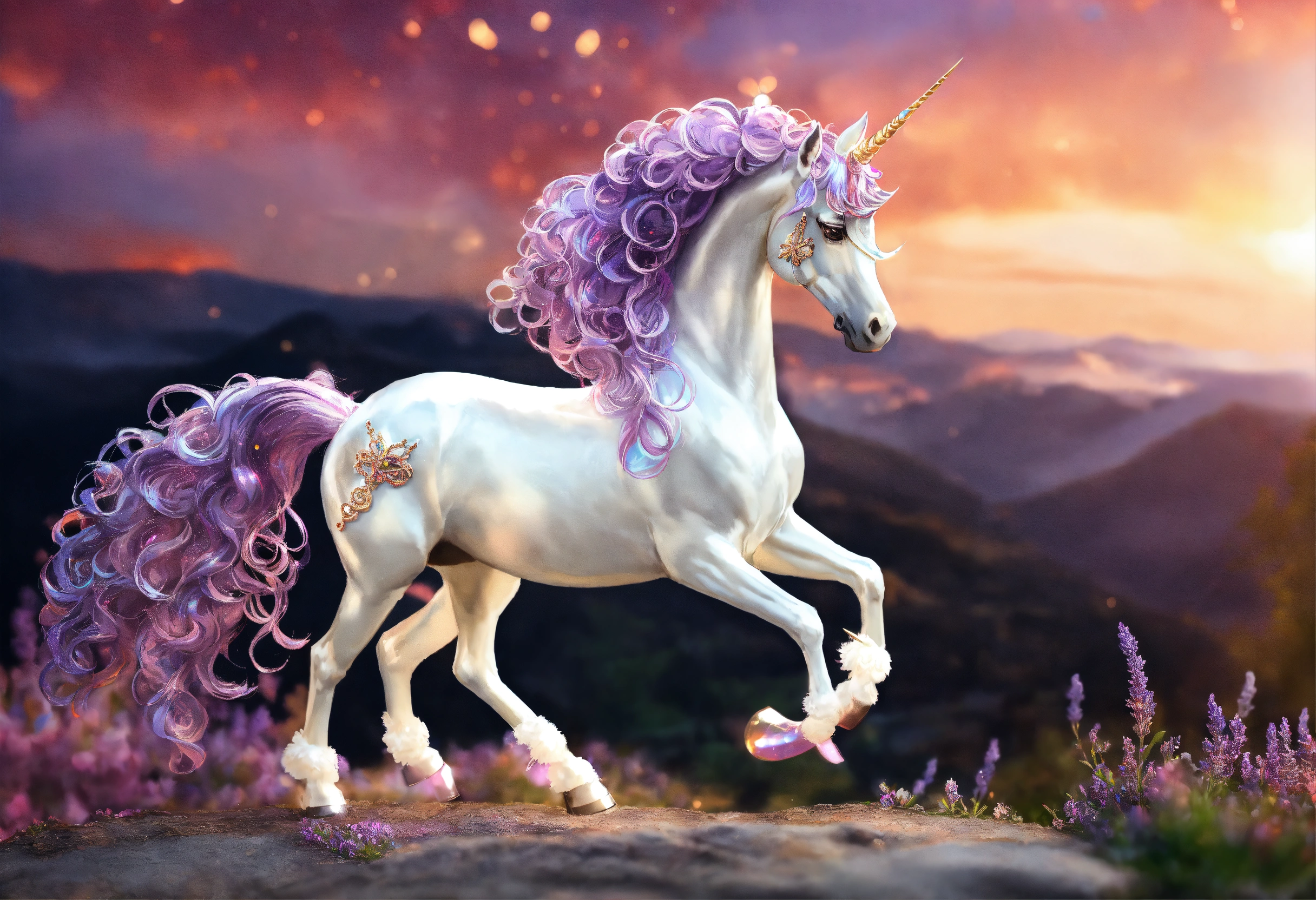 Lexica - Majestic unicorn with a iridescent lavender tail and elaborate ...