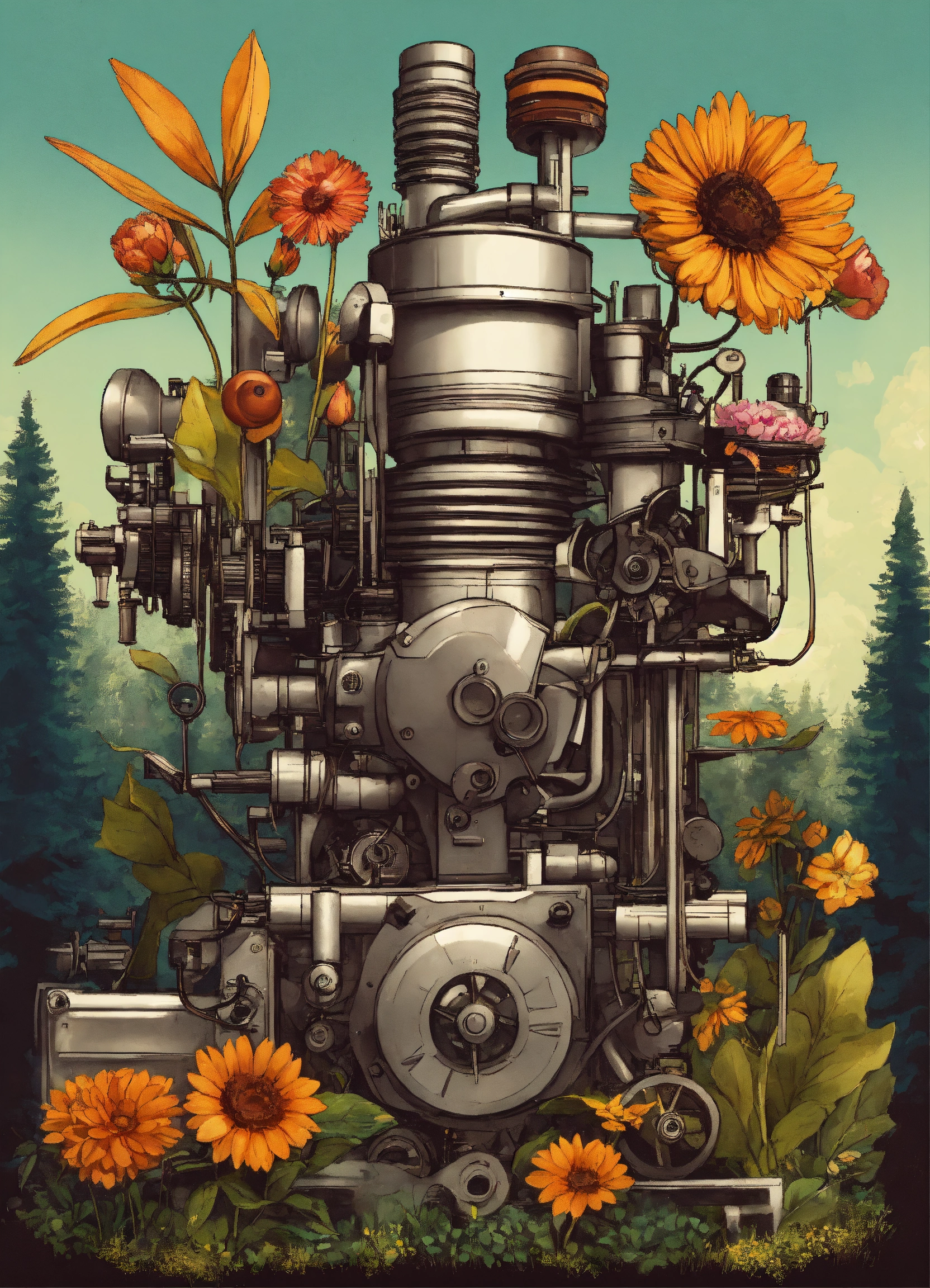 Lexica - Mechanic ball flower machine engine nature illustration