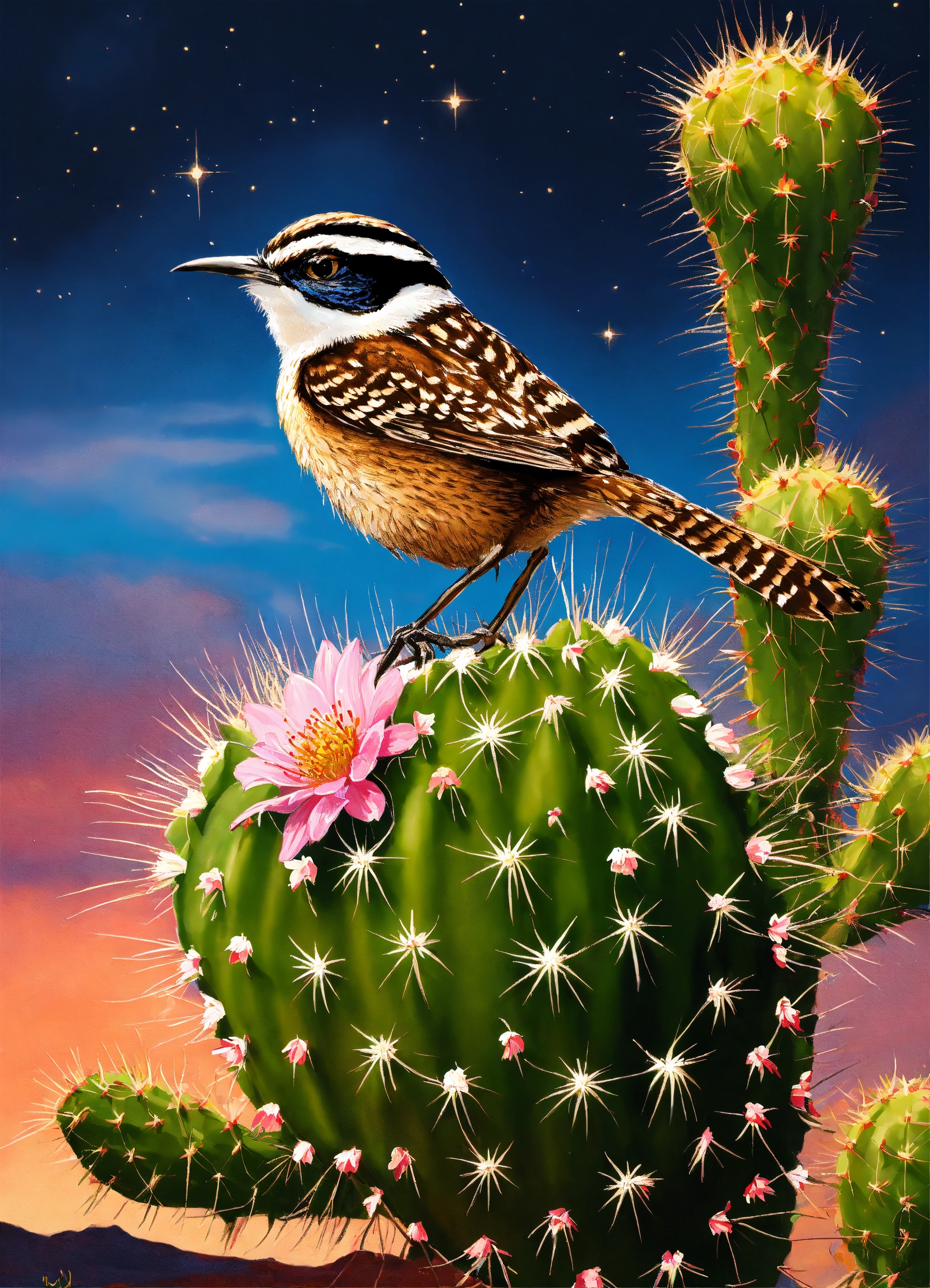 Lexica - Arizona state bird cactus wren on cactus flower painting art ...