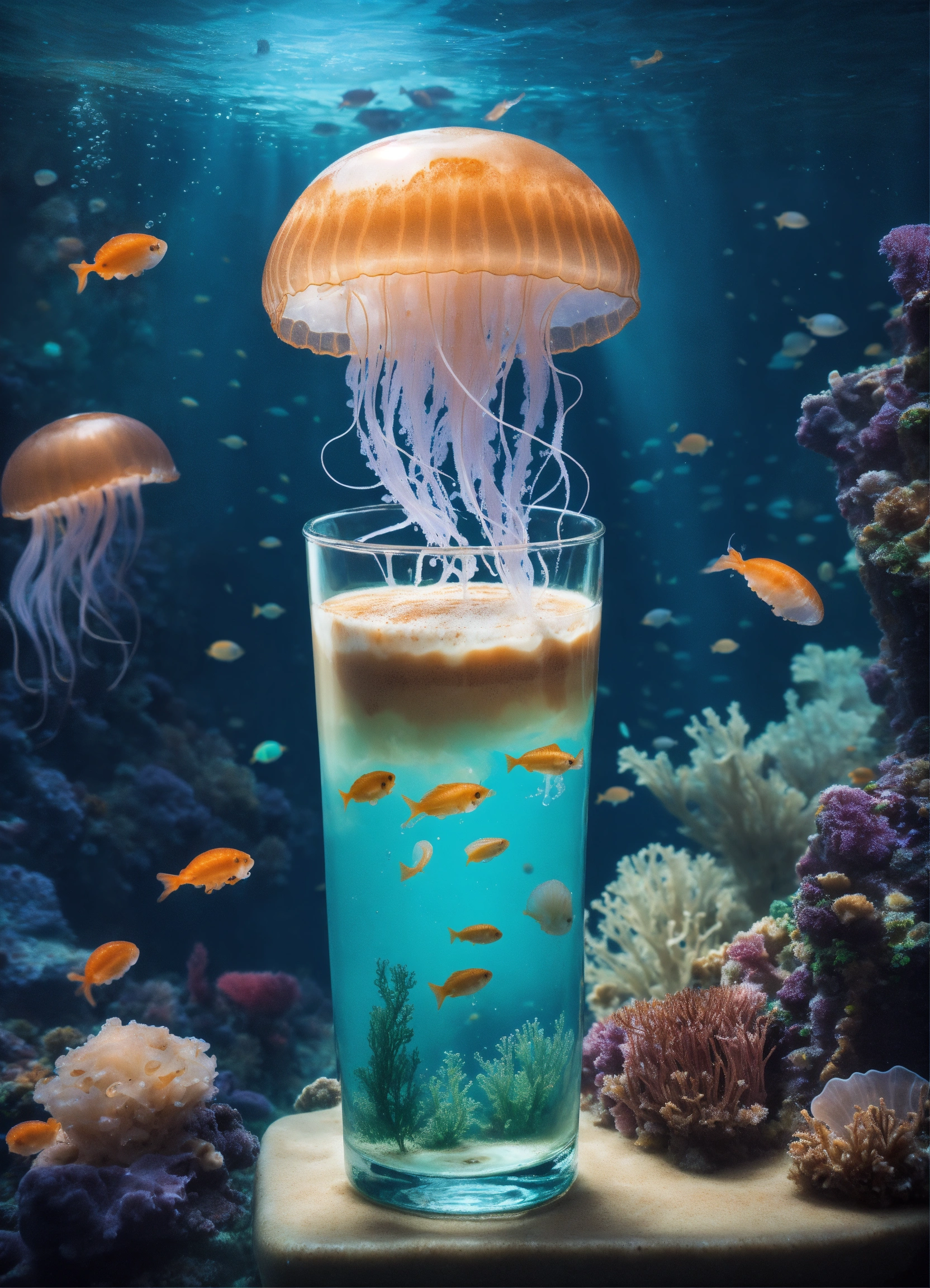 Lexica - Jellyfish drinking a latte in an underwater cafe