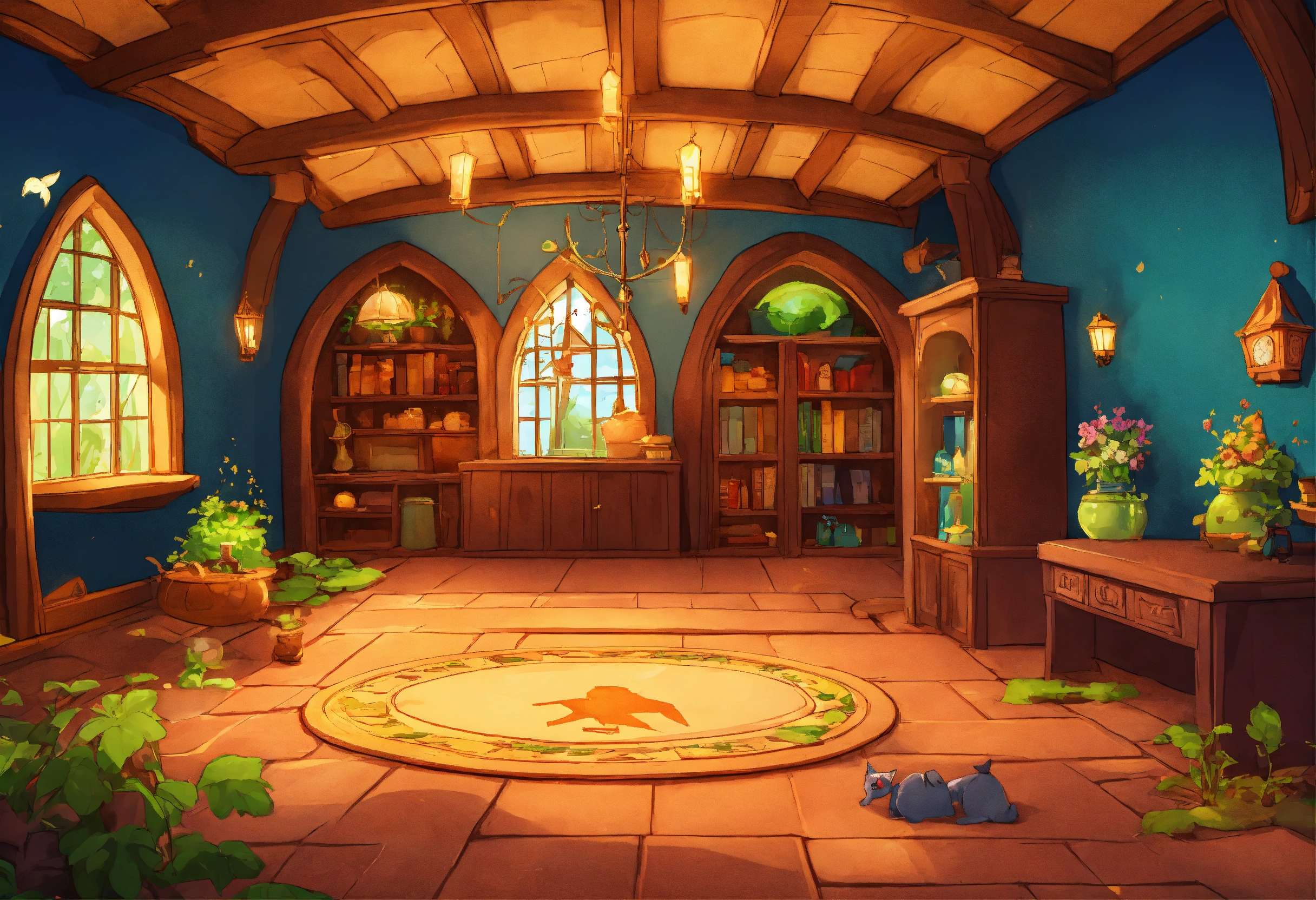 Lexica - Cartoon fairy taie style image inside witch castle hall