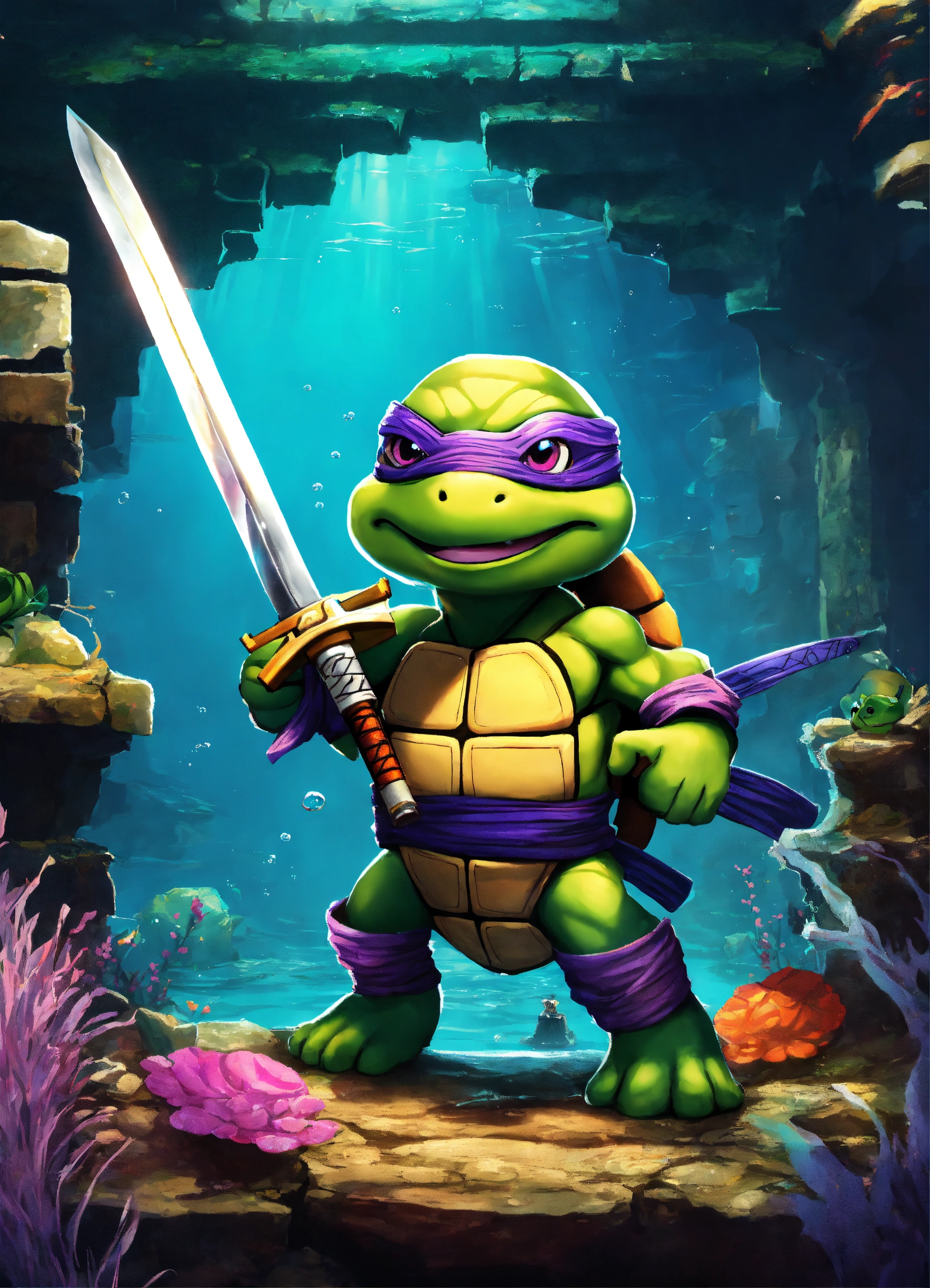 Lexica - A chibi ninja turtle with a purple eye band and katana in ...