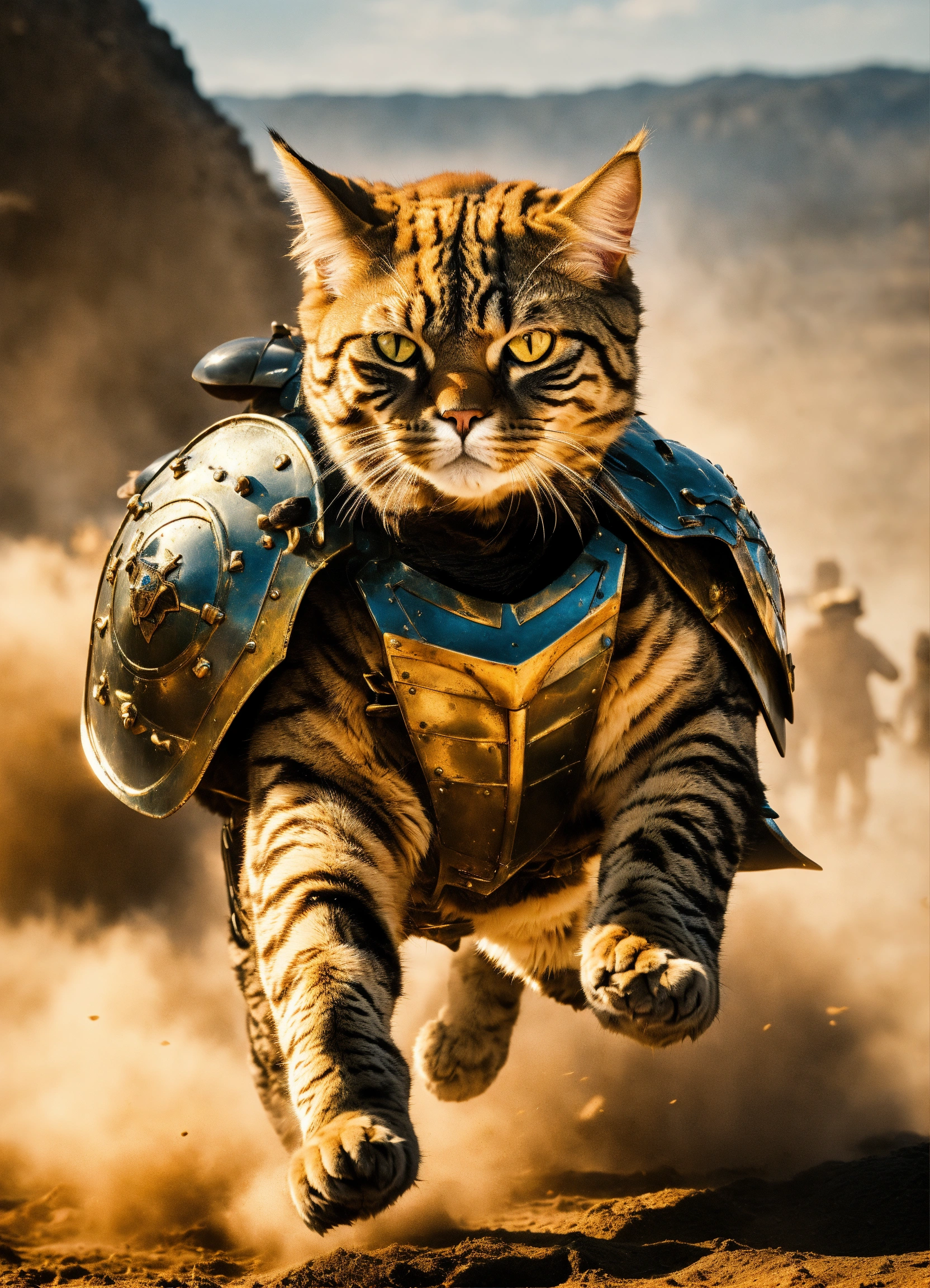 Lexica - A battle cat wearing armor, running across a battlefield ...