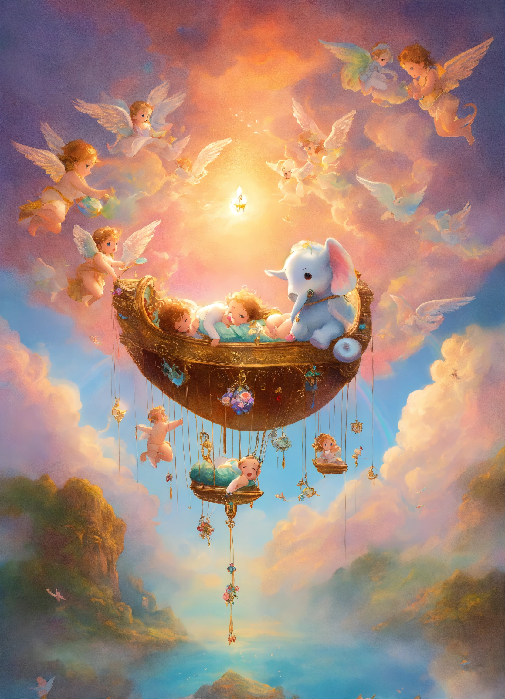 Lexica - Floating crib on a cloud, rainbow bridges with playful cherubs ...