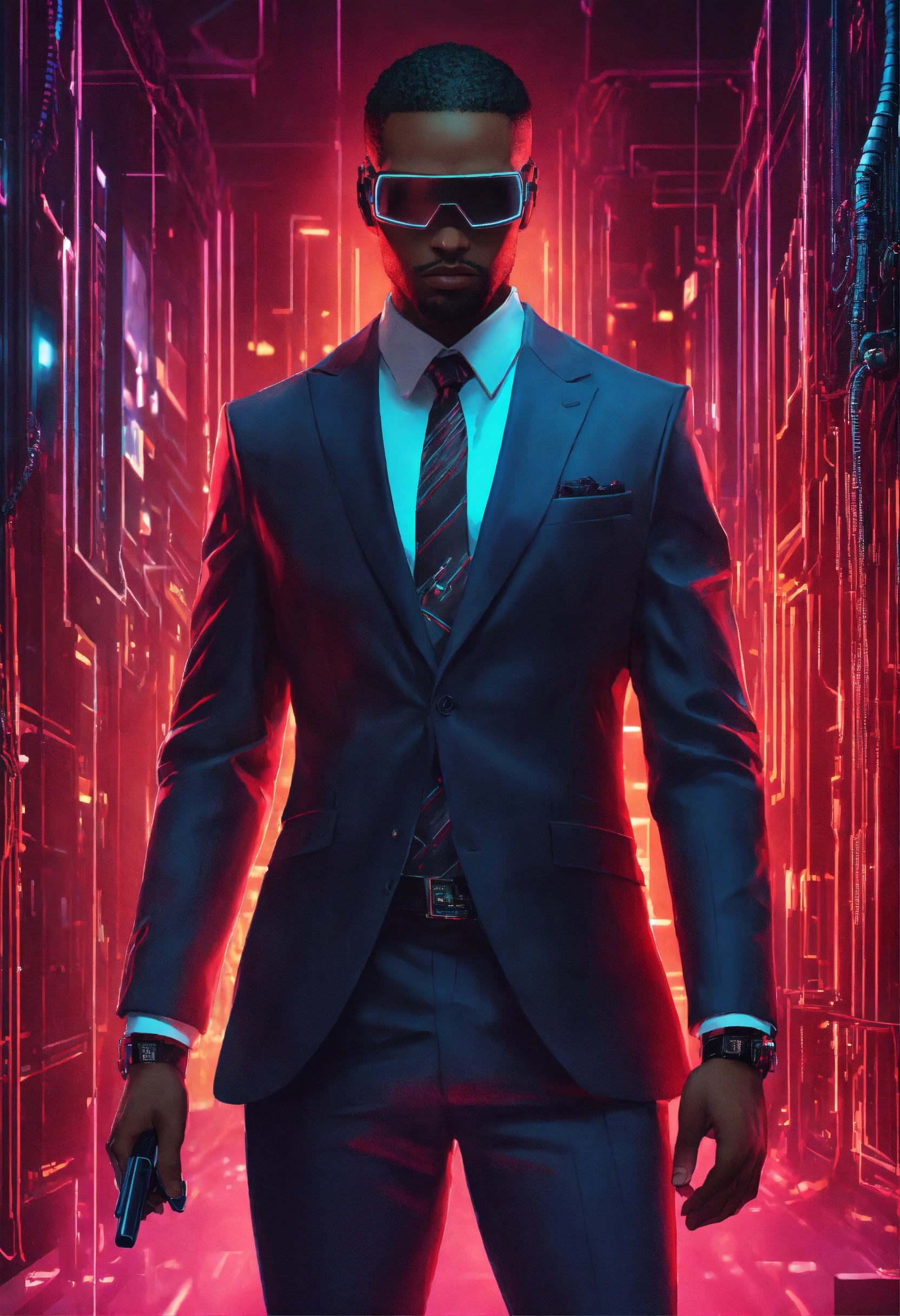Lexica - A black cyber criminal in a stylish suit with cybernetics.