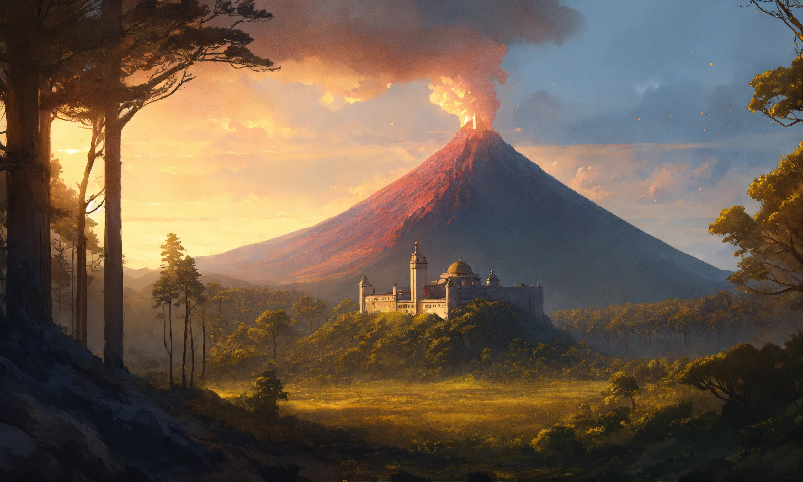 Lexica - Colonial fortress with dormant volcano in distance and pine ...