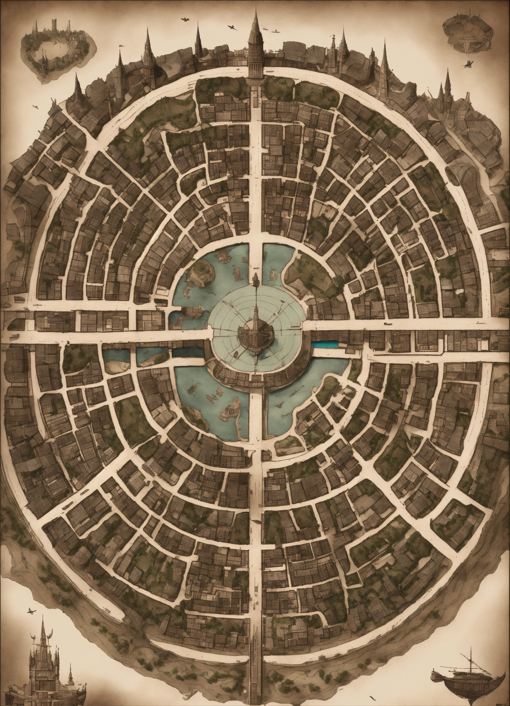 Lexica - Inked map of a massive fantasy city with a plaza in the center. 8k