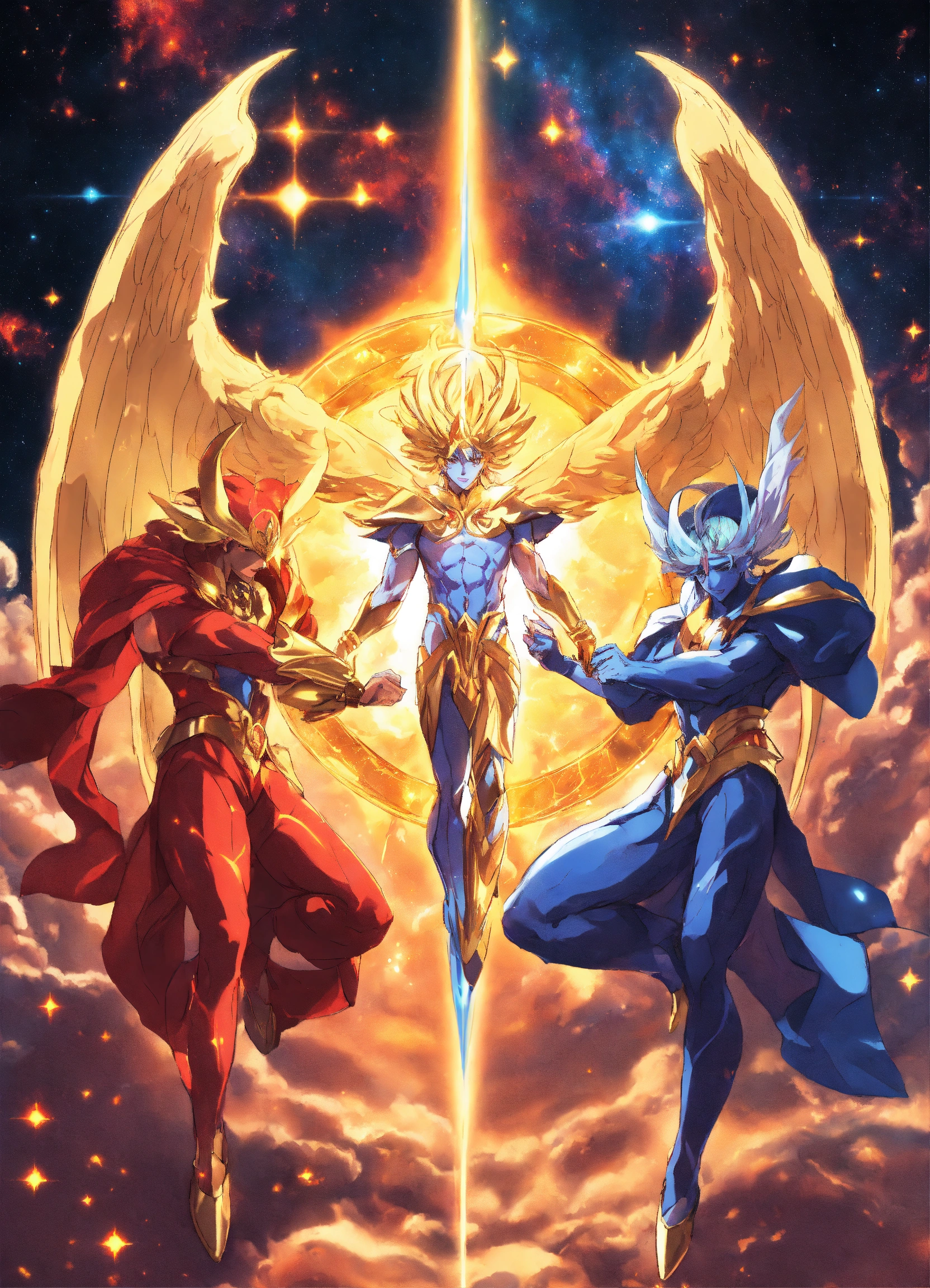 Lexica - 3 latín male celestial beings merging, a ray from the heart ...