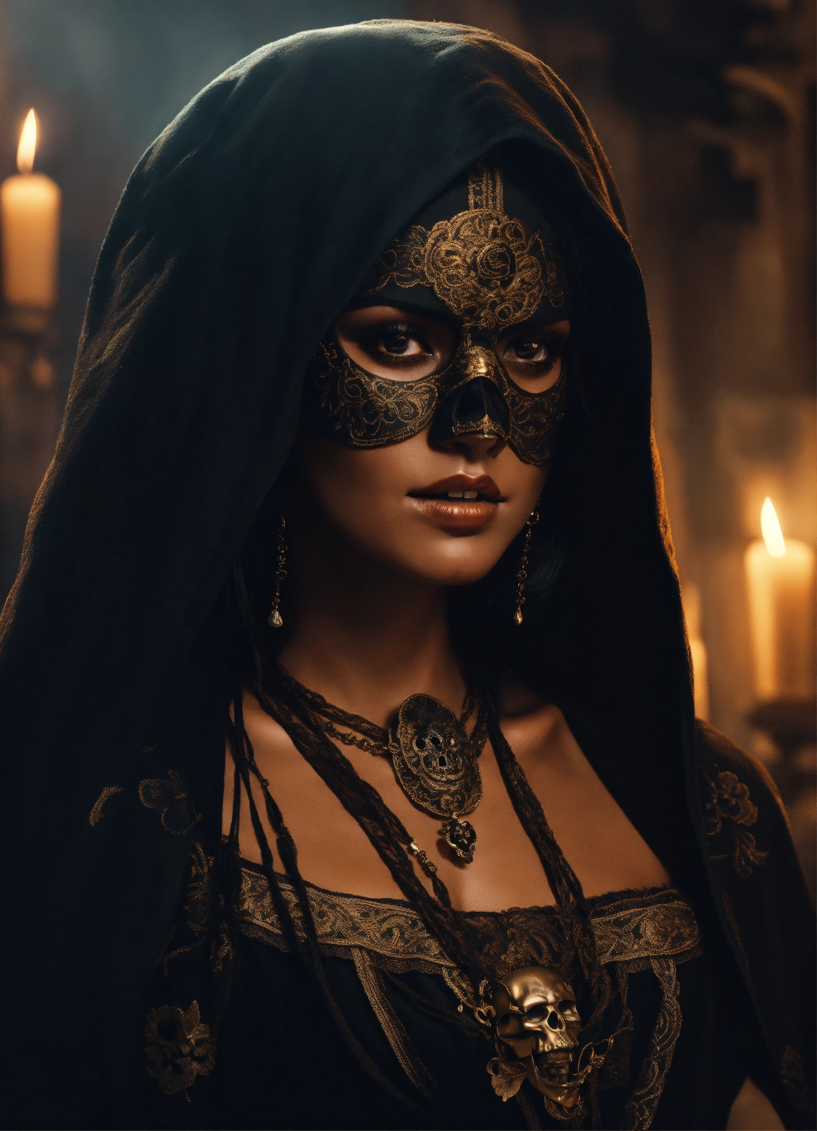 Lexica - Romani woman wearing black robes and a skull mask, black hair ...