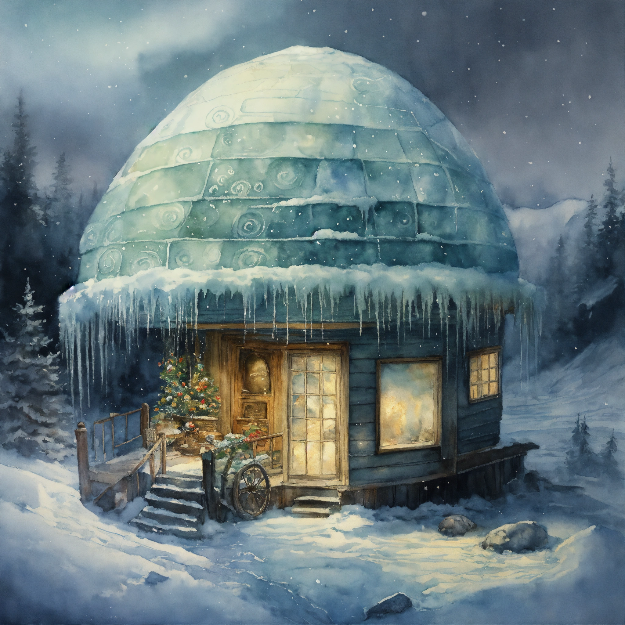 Lexica - A watercolor painting depicting an intricately detailed igloo ...