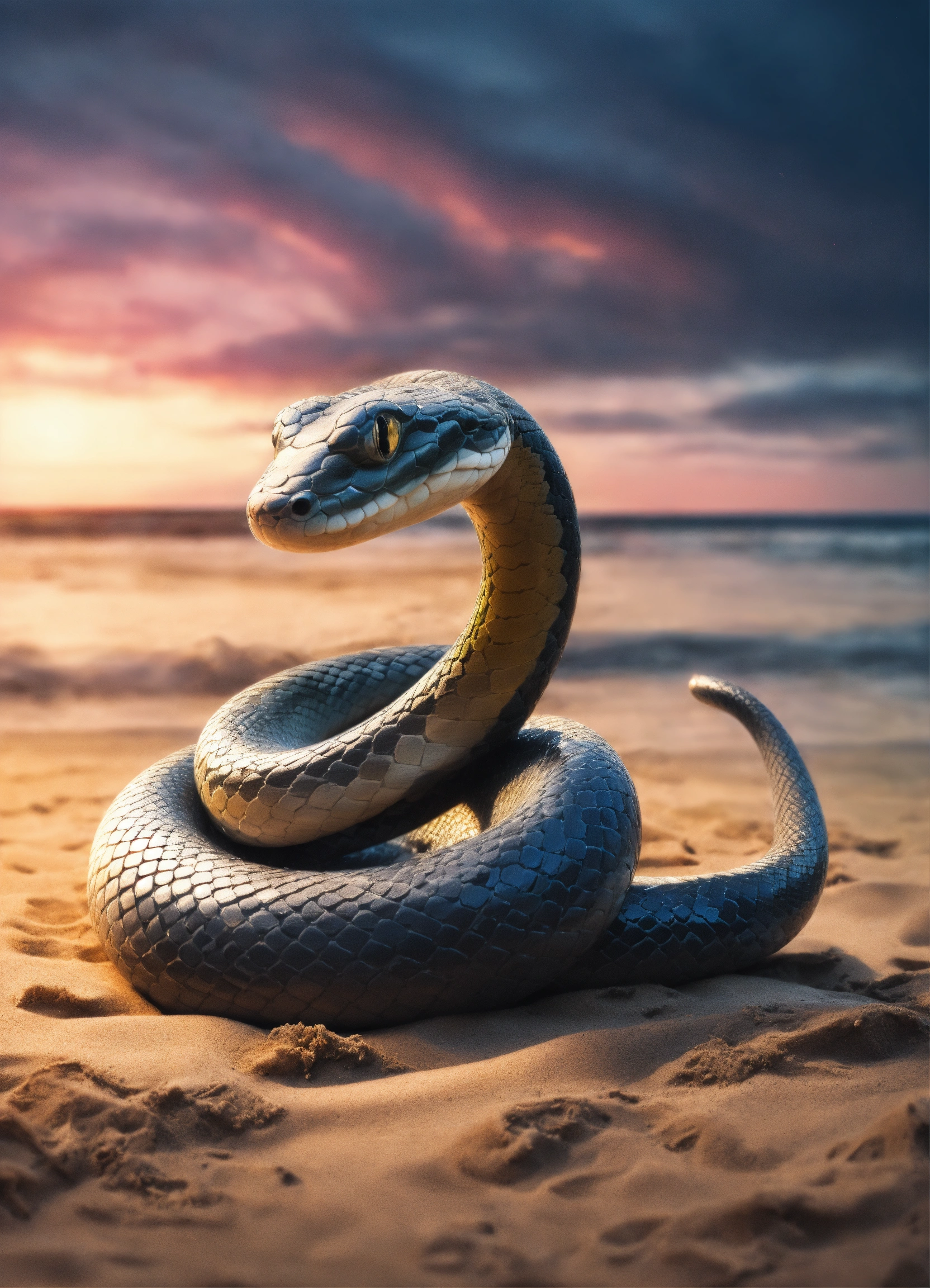 Lexica - Sly snake doing yoga at the beach, Charcoal sketch, 8k, mysterious