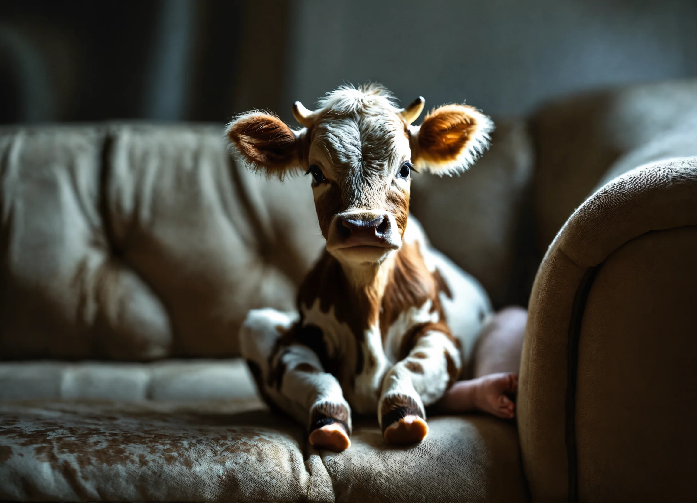 Lexica - Realistic photo of small baby cow sitting on a sofa