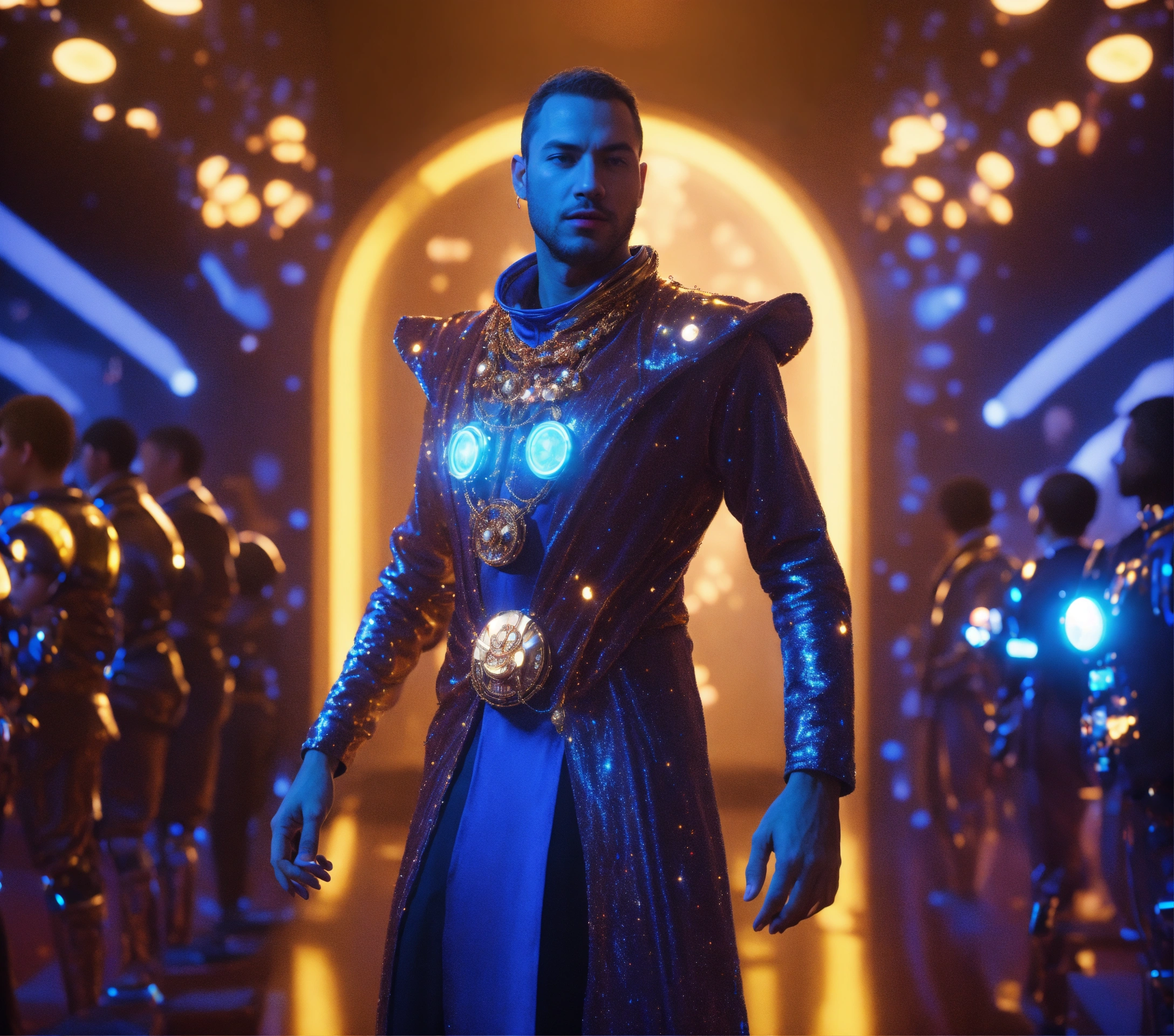 Lexica - Zoom out from a male humanoid wearing a fancy space robe with ...