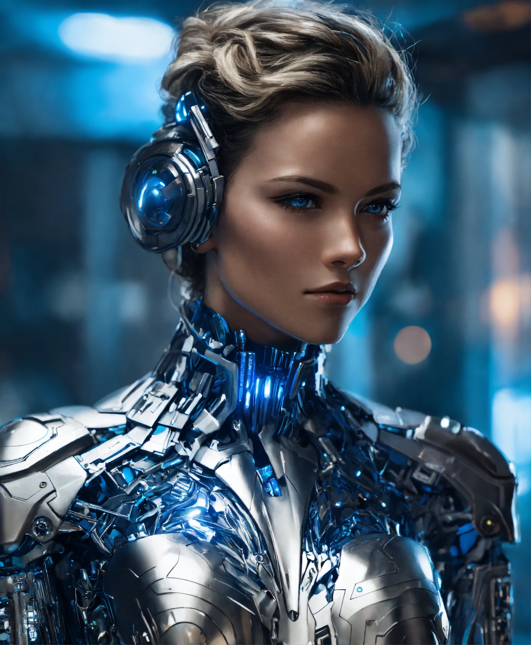 Lexica - Upper body image of a cyborg woman in a metallic dress in blue ...