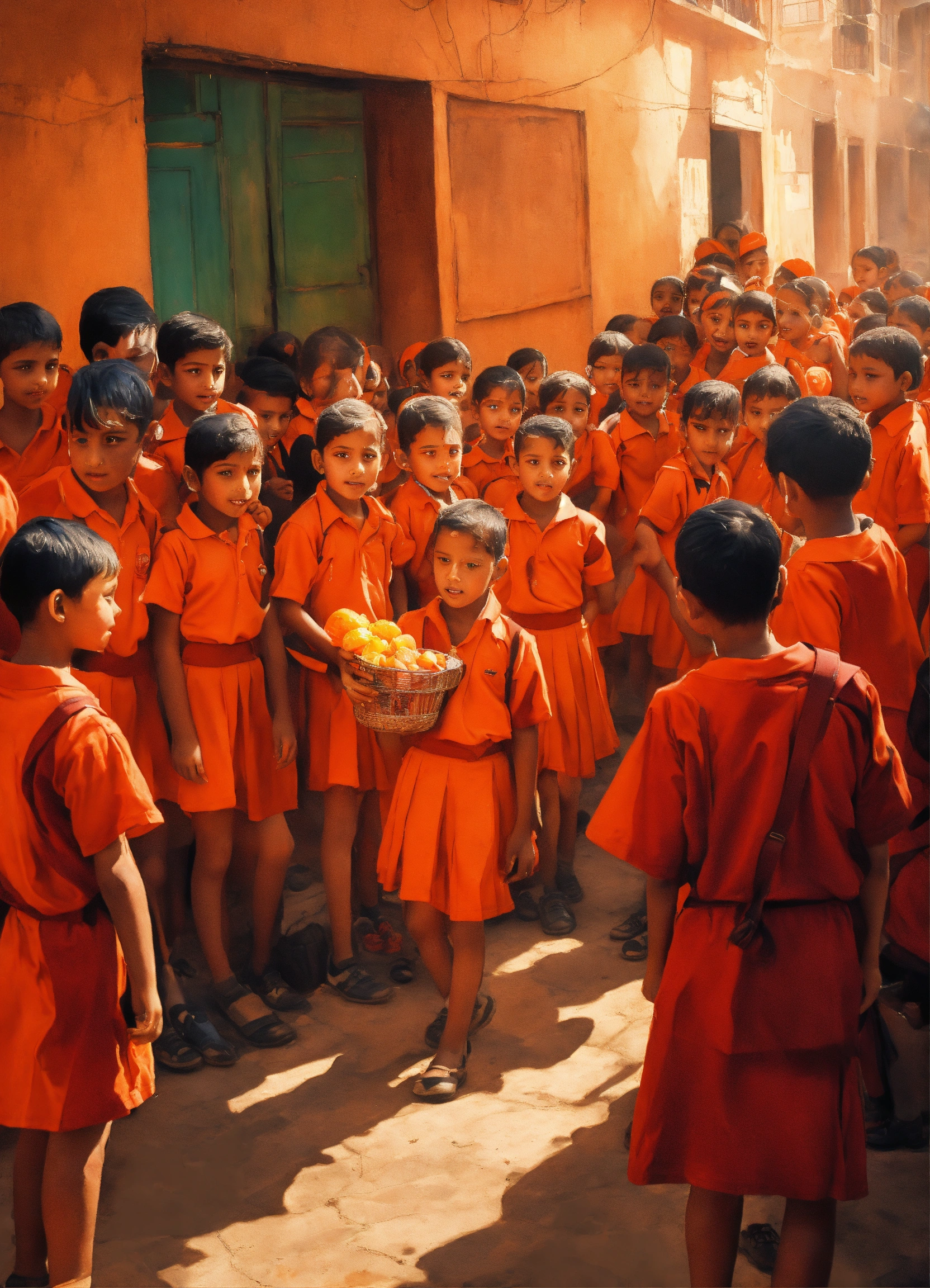 Lexica - A painting with a white background showing school children ...