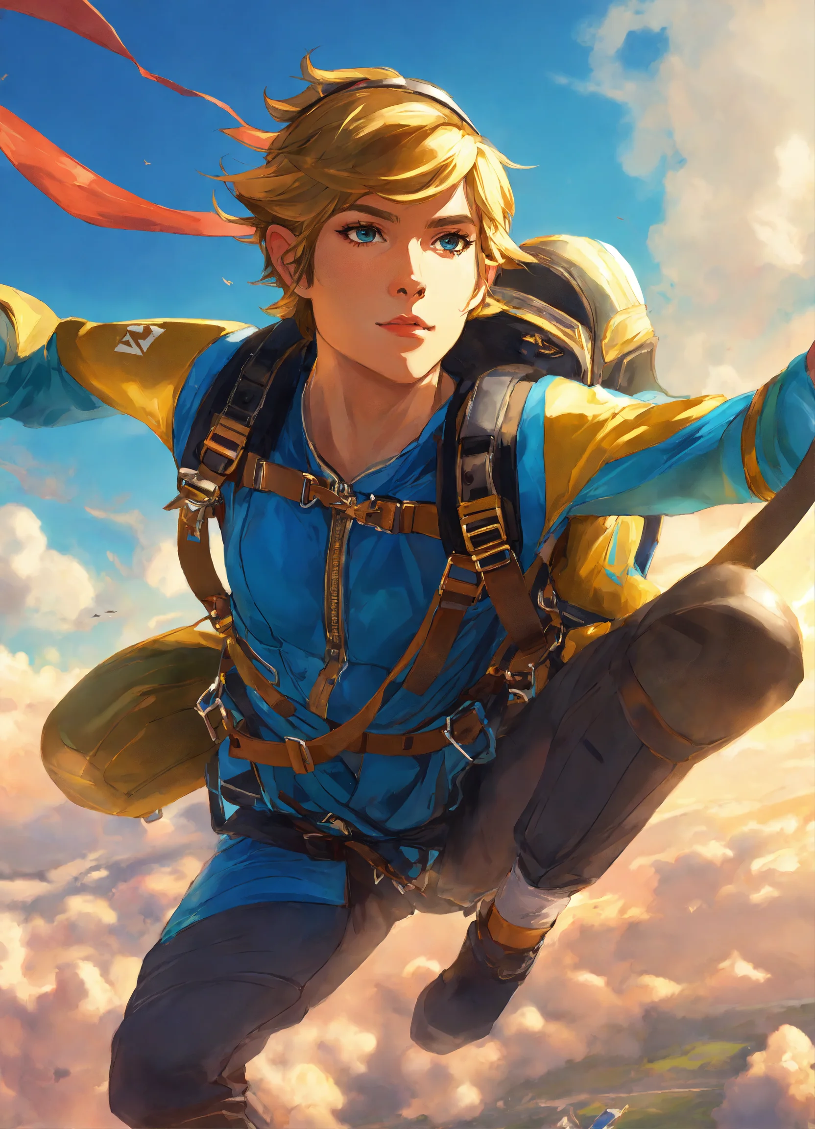 Lexica - Portrait of Link skydiving with a paraglider, in a black and ...