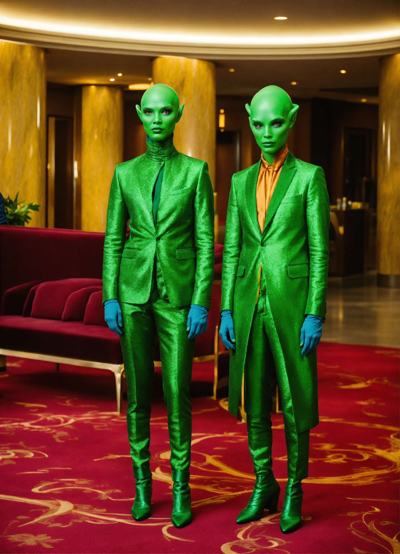Lexica - Two 50-year-old human looking aliens with green skin, dressed ...
