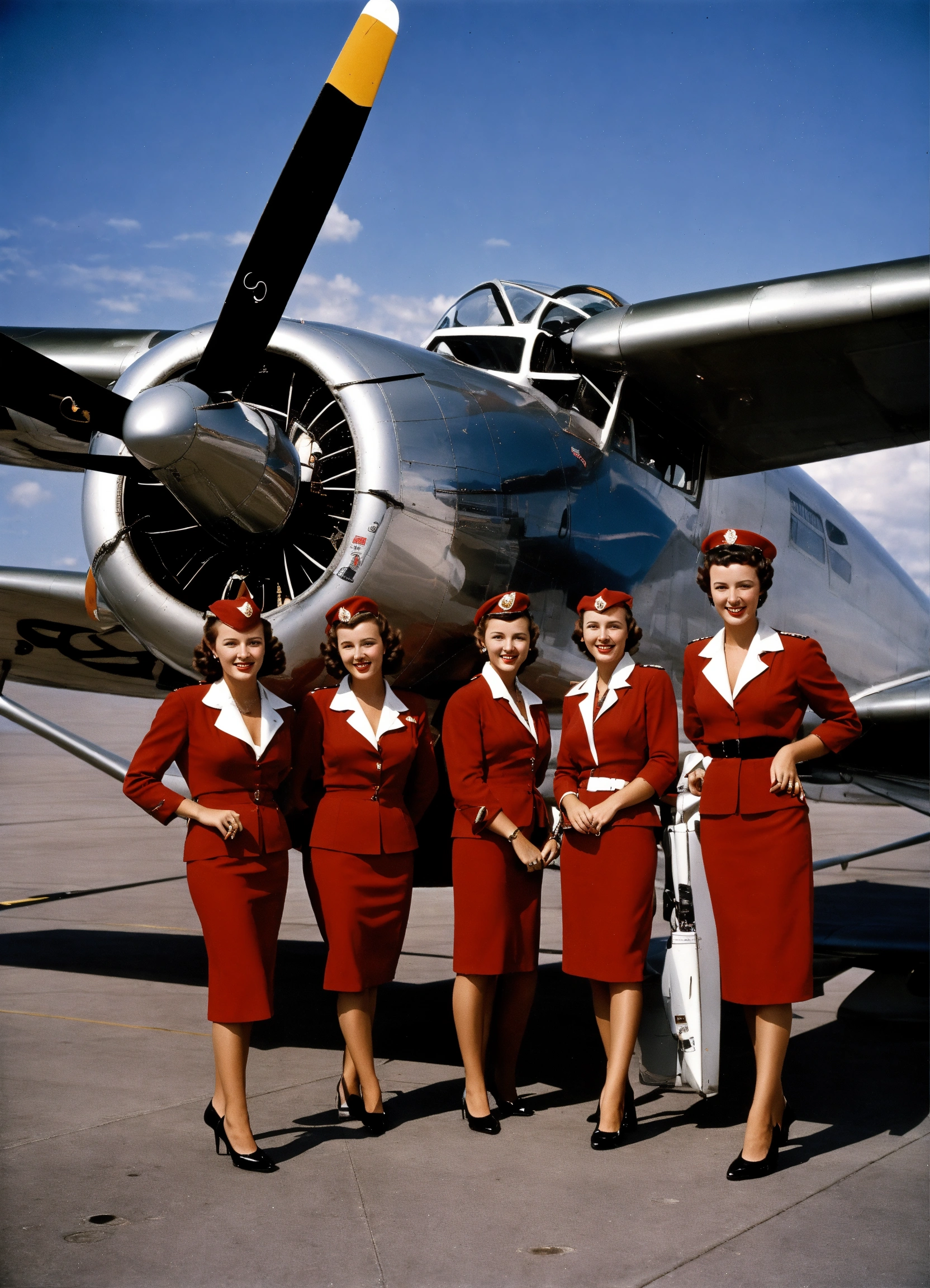 Lexica - Group of 2 pilots and 4 stewardess in a plane 1950