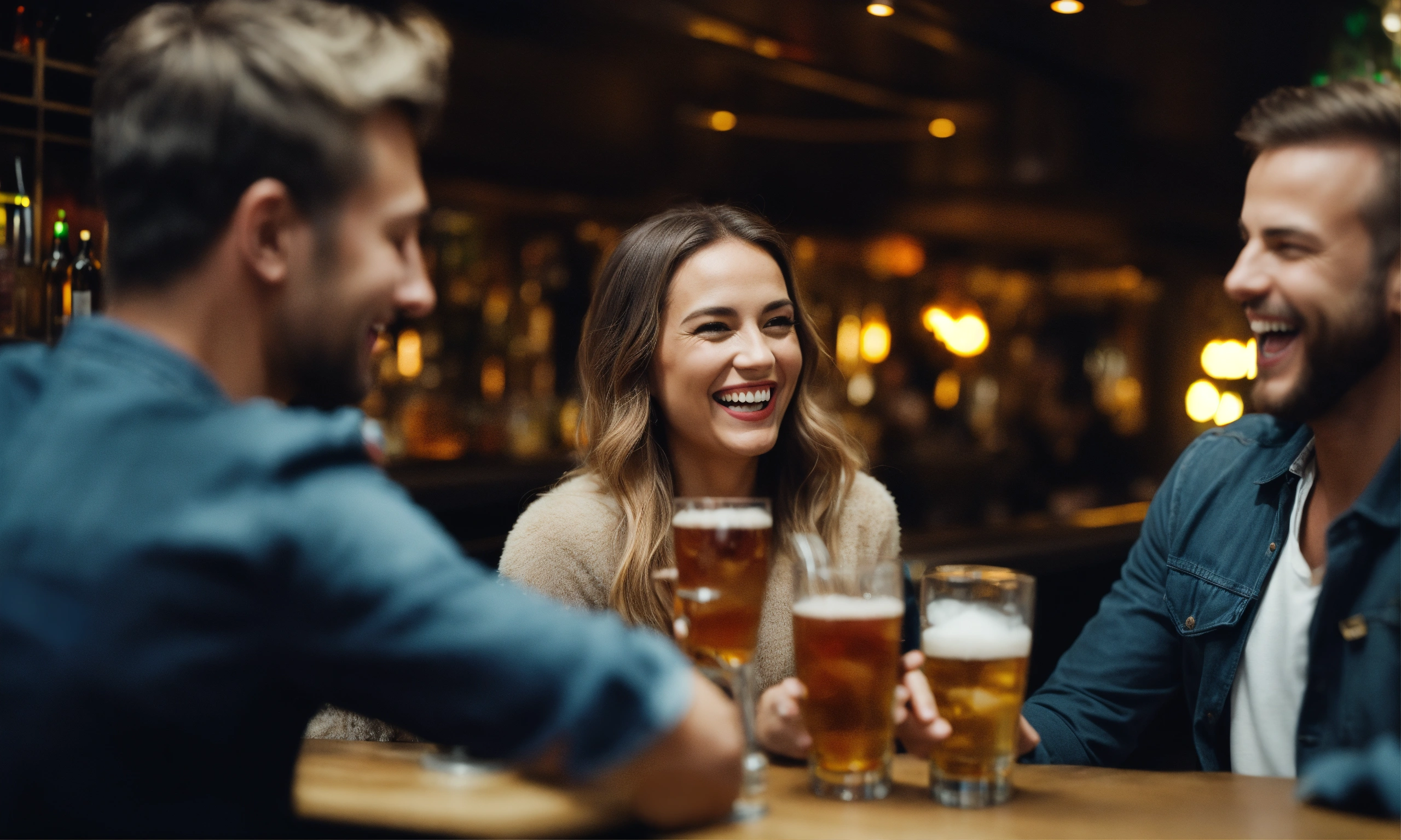 Lexica - Happy people trinking and laugh in a modern bar, behind is the ...