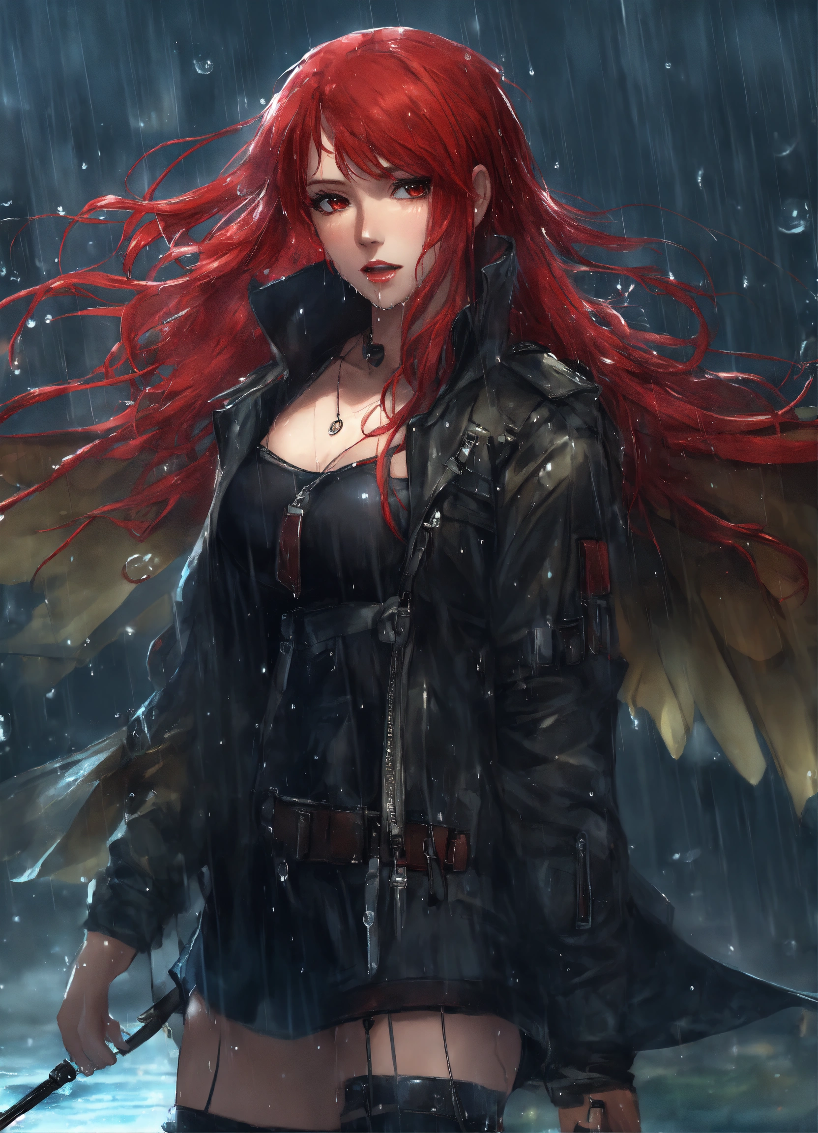 Lexica - Red hair female seraph soaked in rain full body