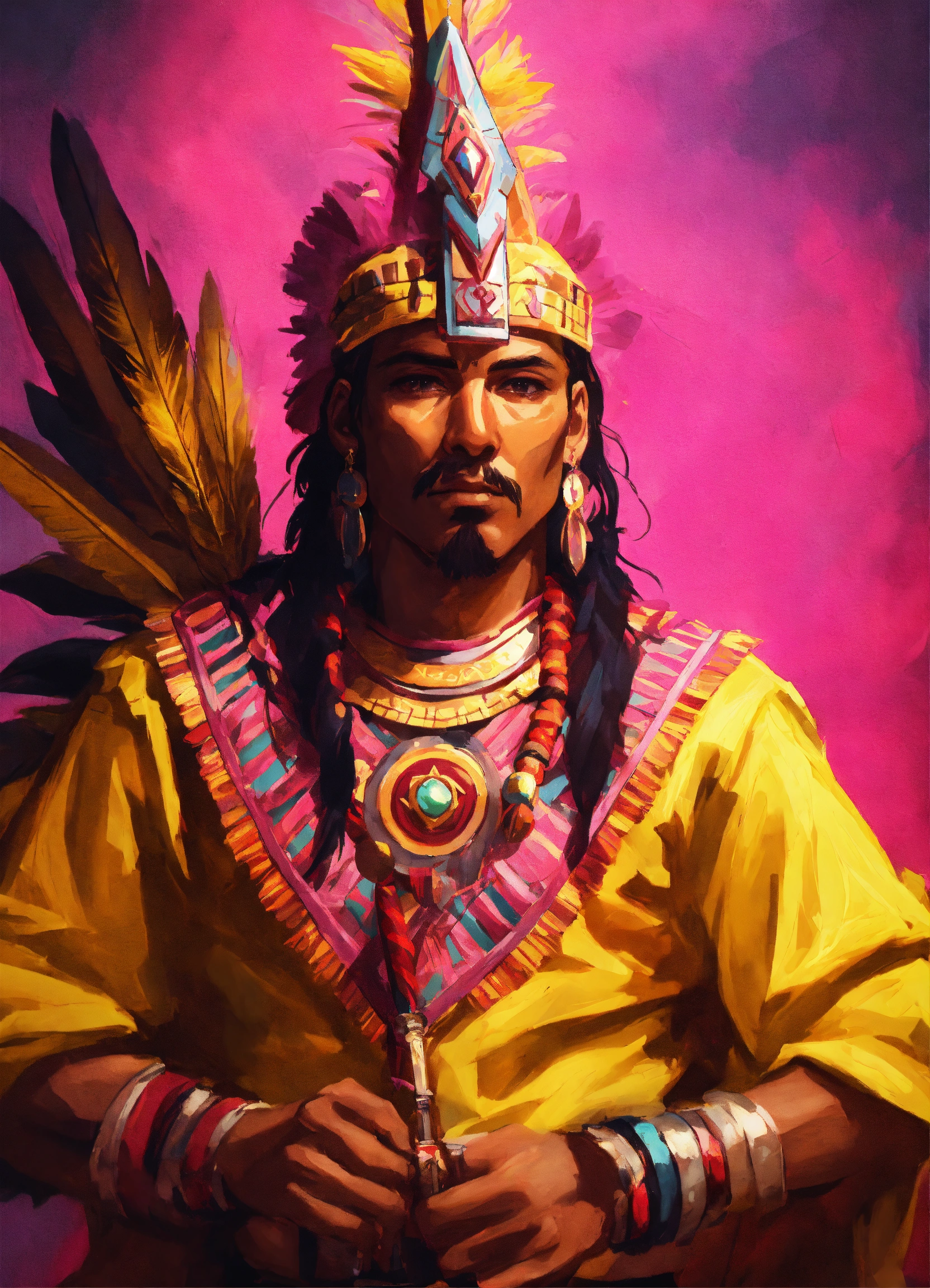 Lexica - An aztec priest warrior in yellow and pink, battlefield ...