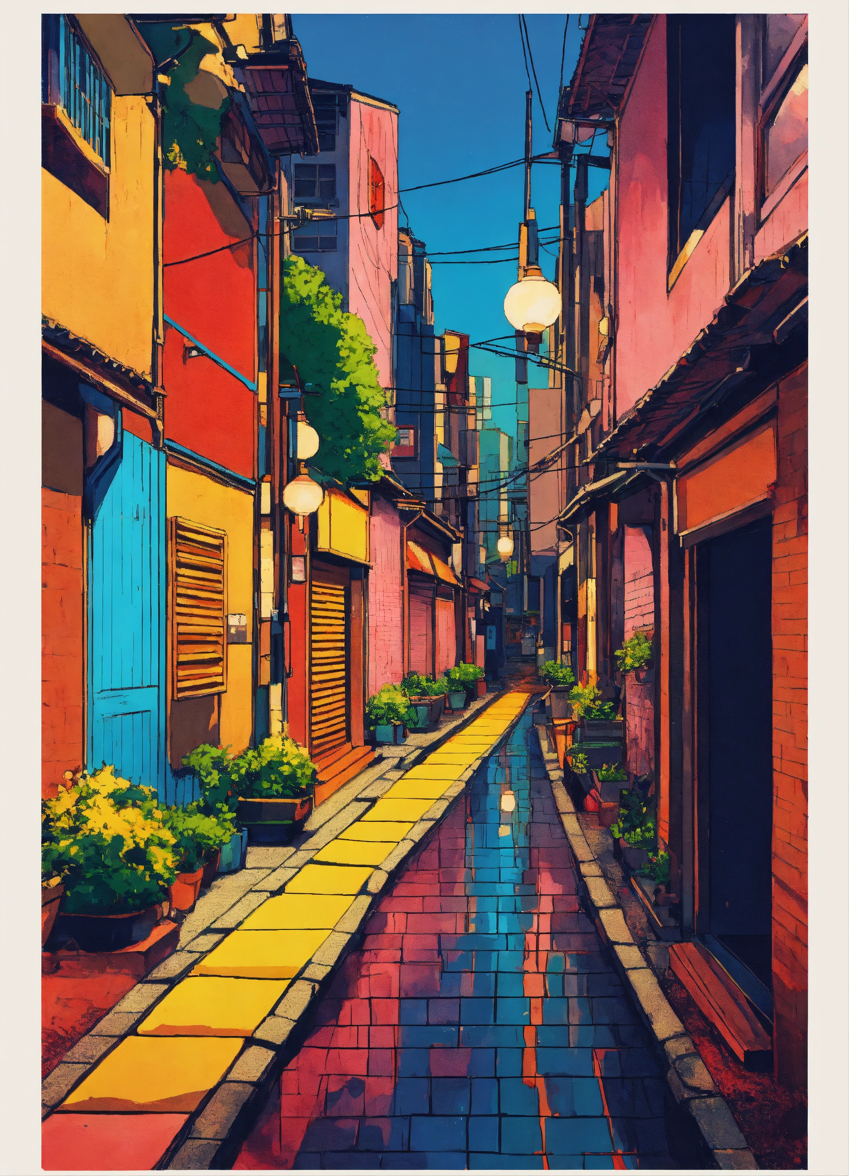Lexica - A pop art illustration of a Tokyo alley medieval 8k quality.