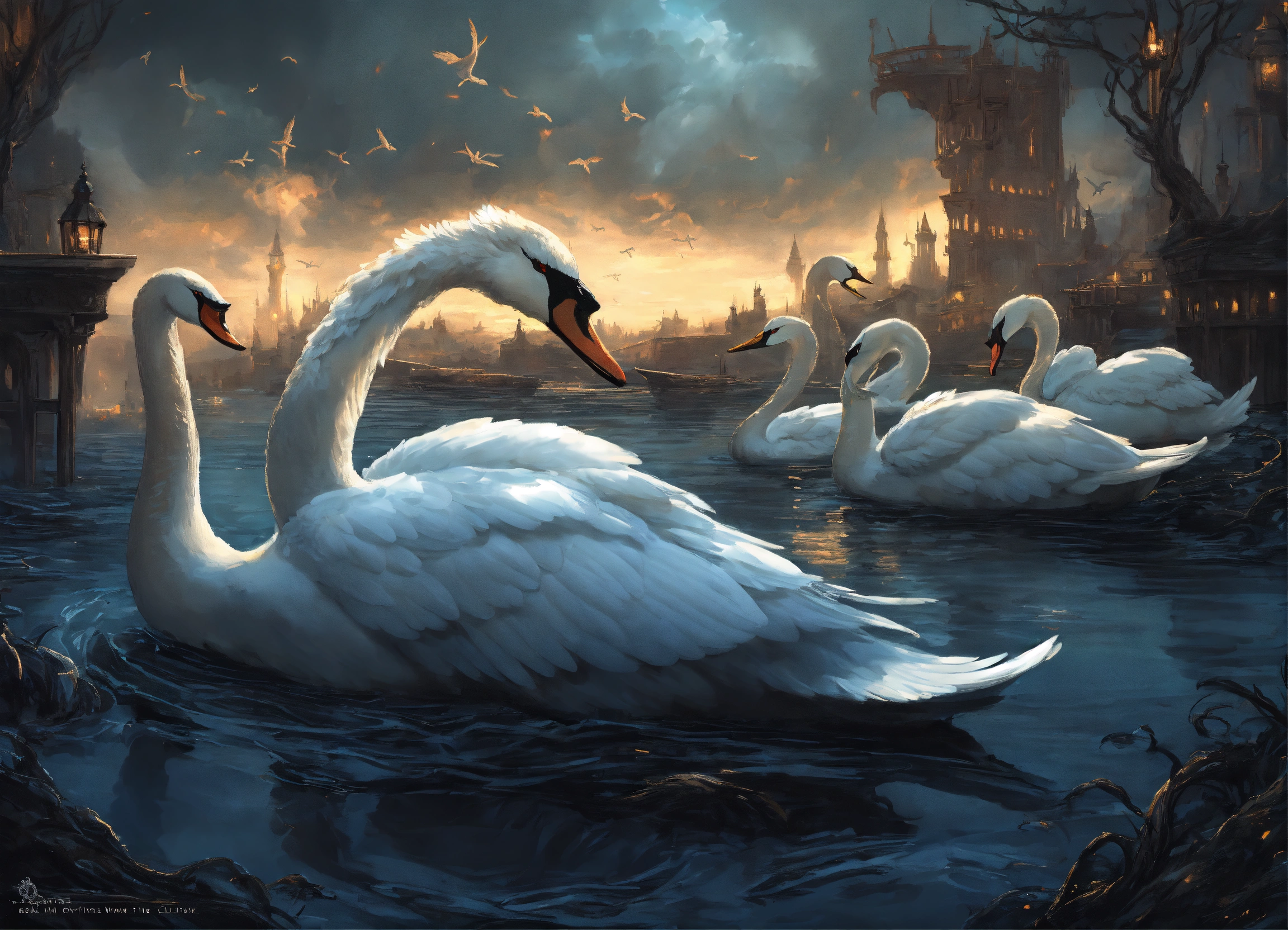 Lexica - Turn loose the swans, war swans, intricate art, dark fantasy style