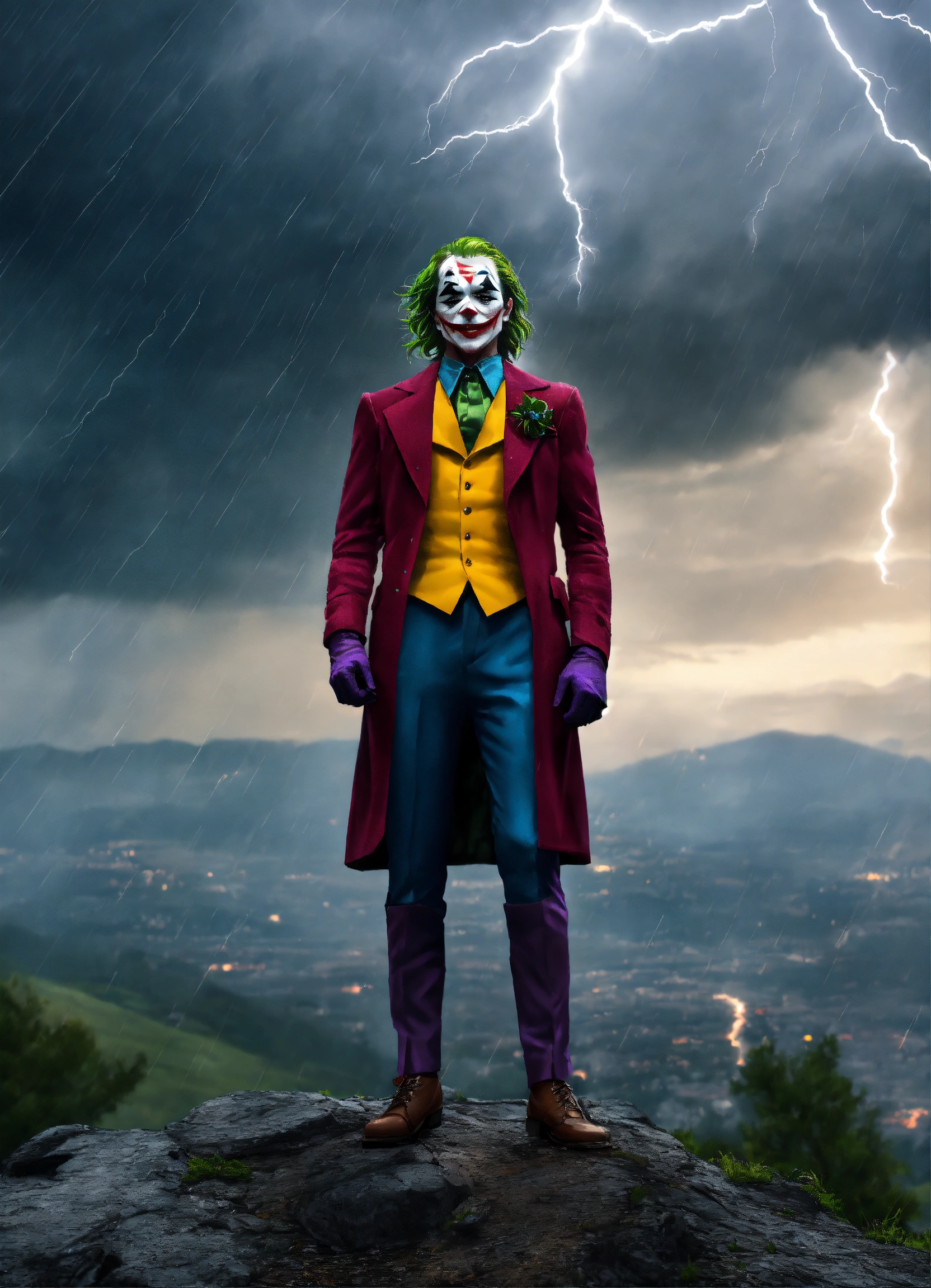 Lexica - Joker is standing on a mountain. The weather is raining ...