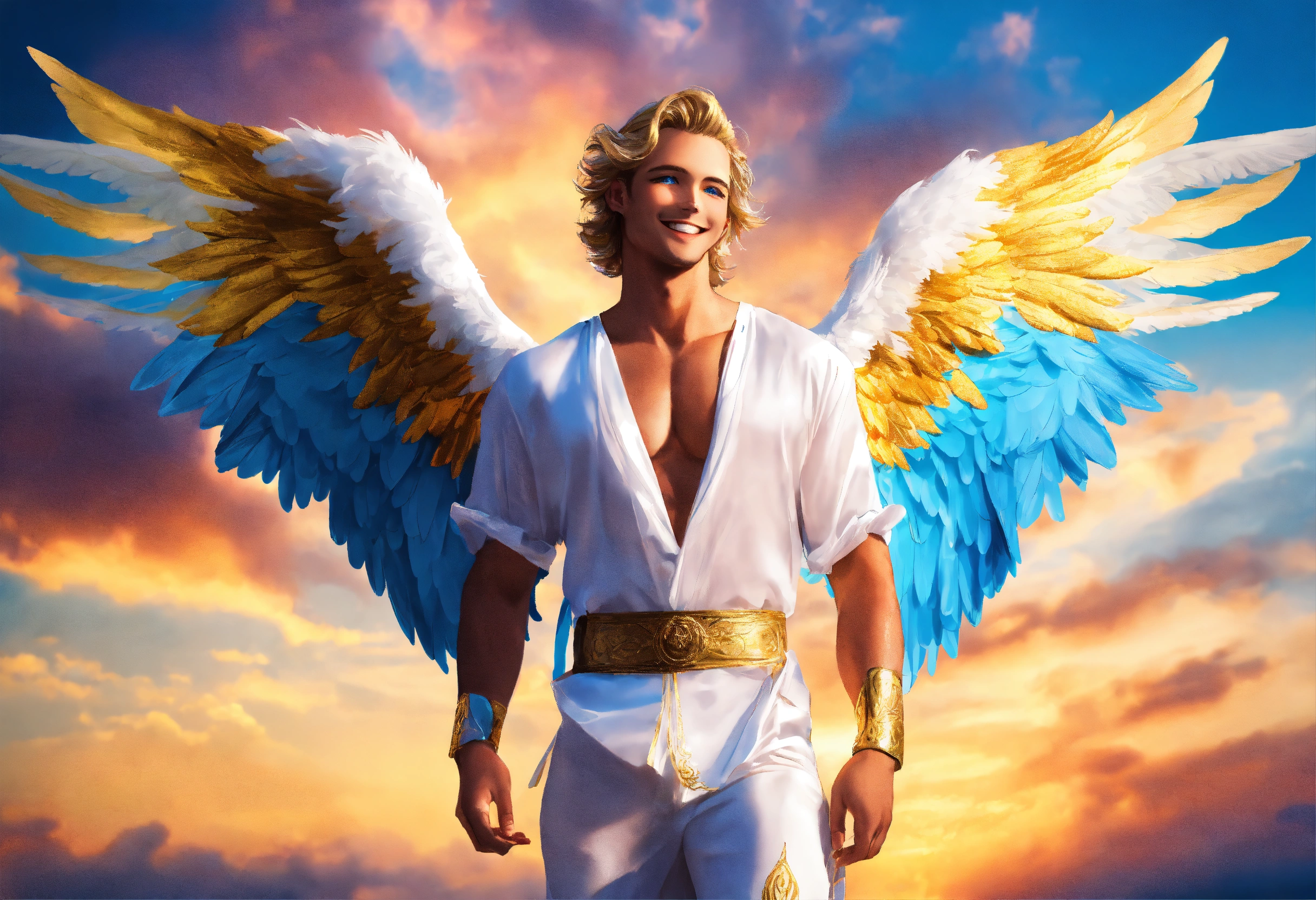 Lexica - Angel man blond blue eyes, large angel wings, fantasy clothes ...