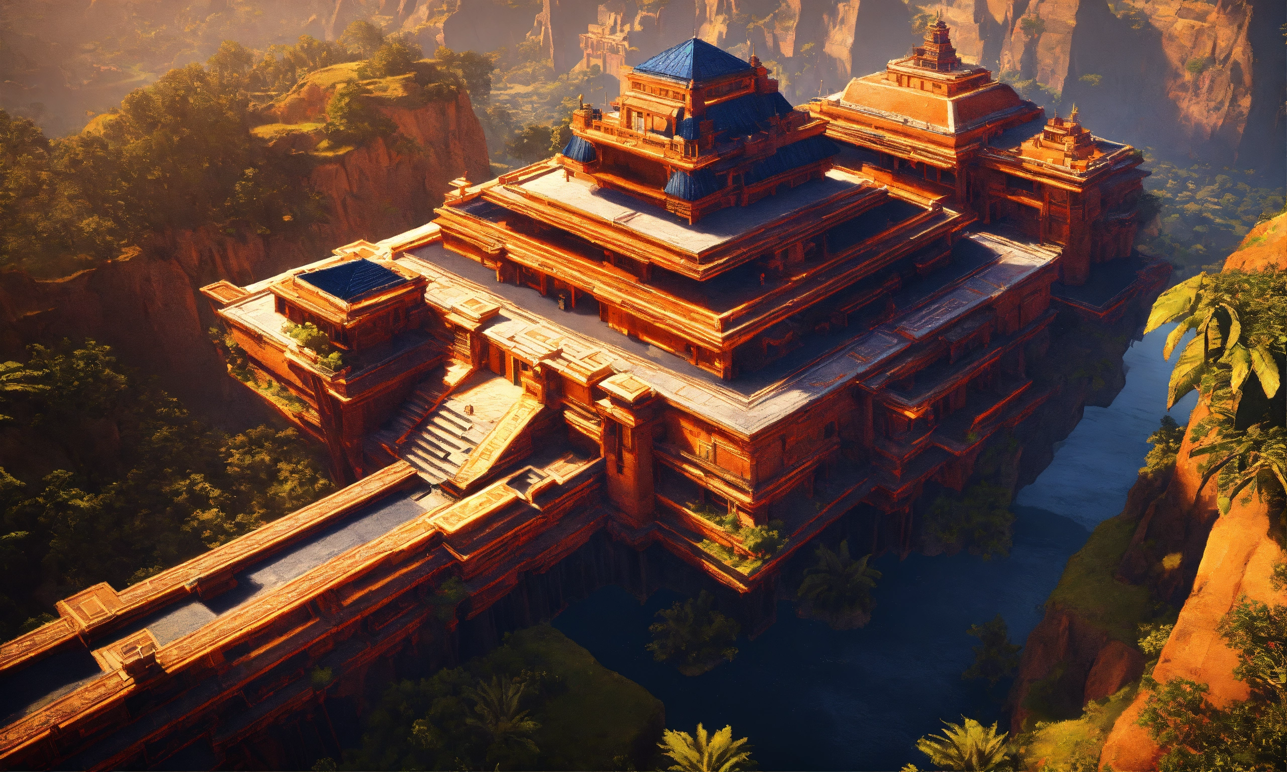 Lexica - Full image of a massive orange Aztec sci fi palace with a navy ...