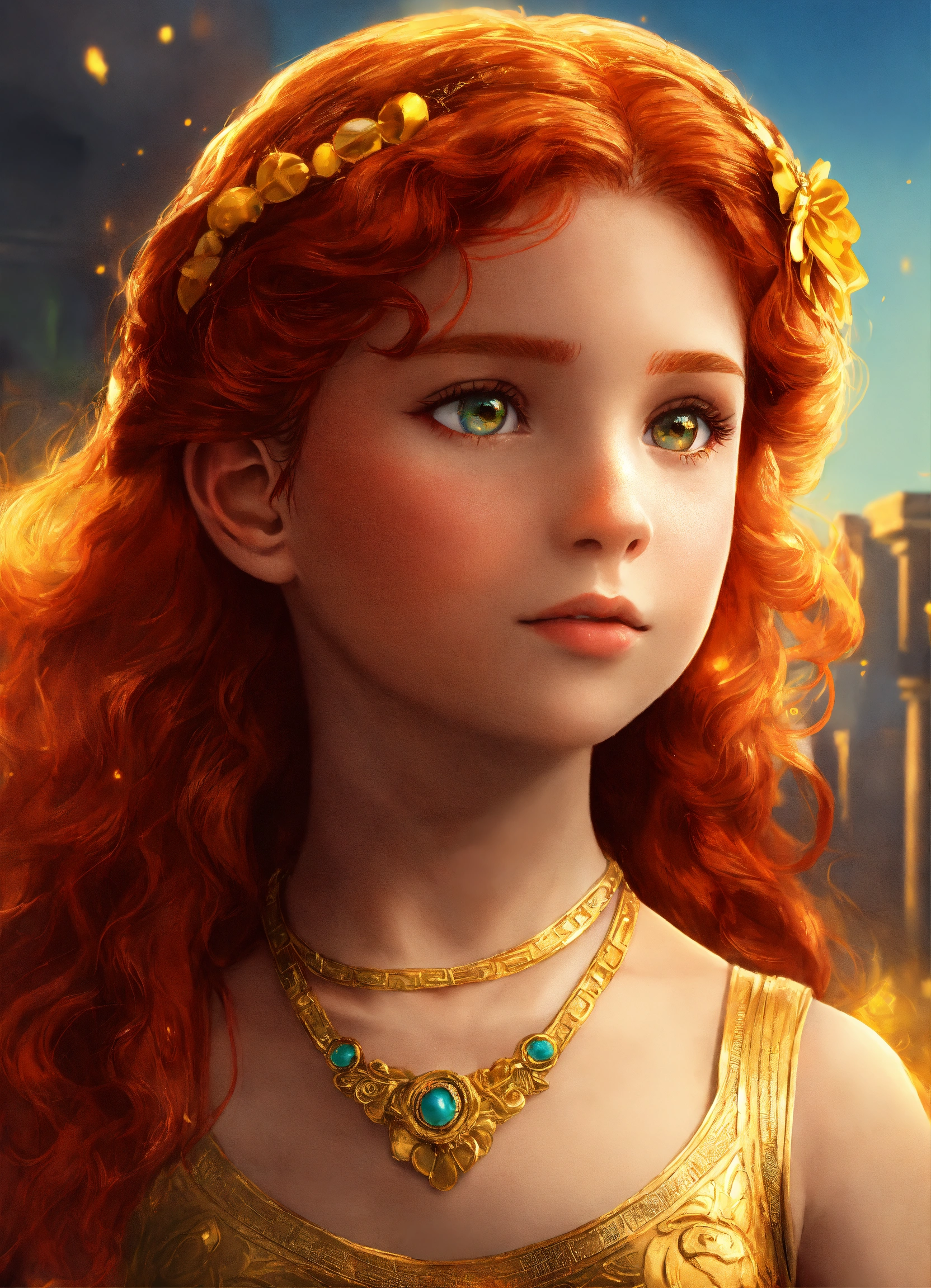 Lexica - Child Greek goddess with red hair and yellow eyes. Disney